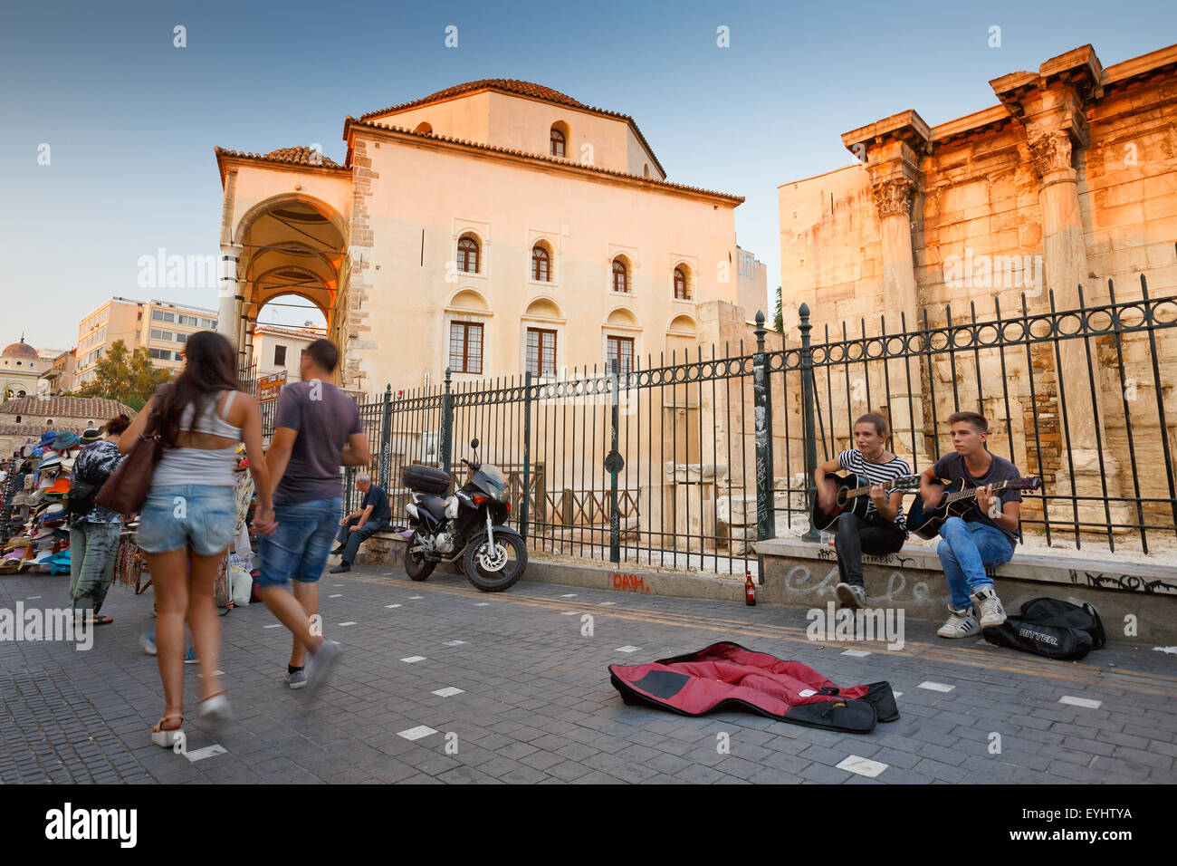 Busking musicians at the mosque in Monastiraki square in Athens, Greece ...
