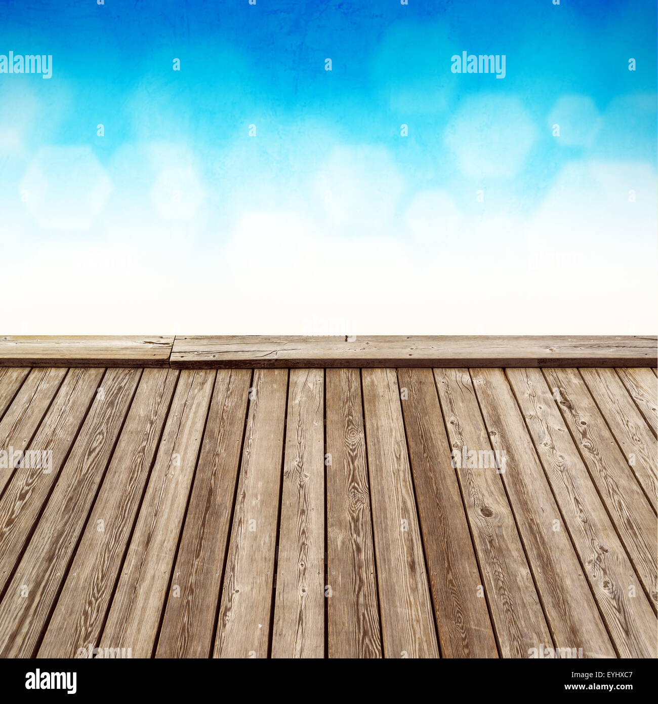 Empty Rustic Wooden Deck with Abstract Blur Blue Natural Background for ...