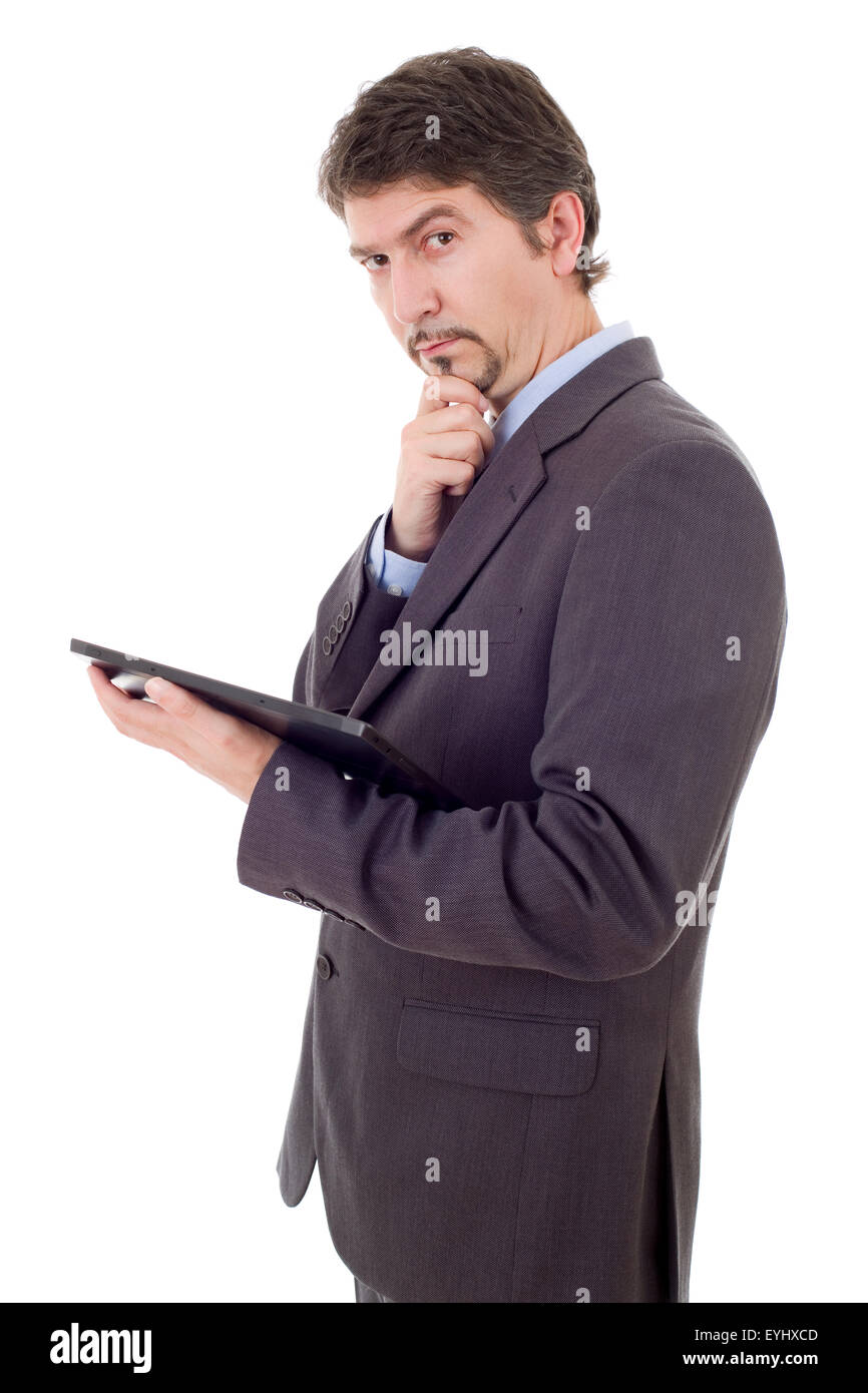 businessman using touch pad of tablet pc, isolated Stock Photo - Alamy