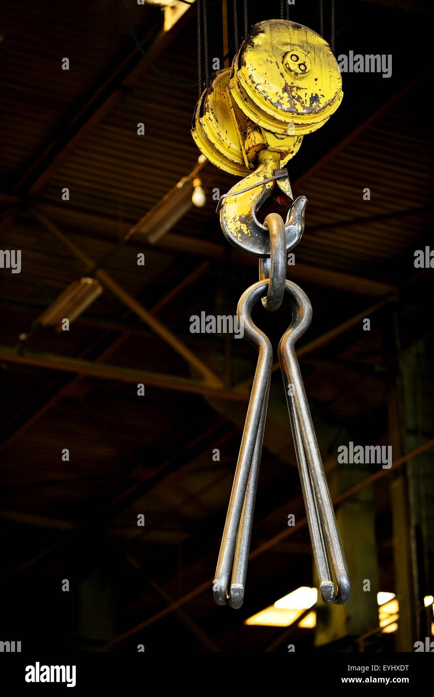 Industrial yellow hook used for transportation inside a factory Stock ...