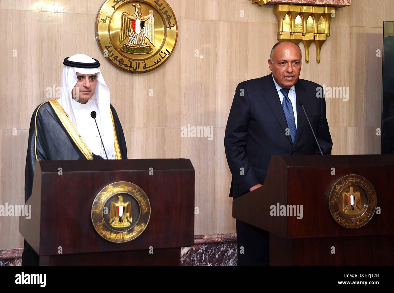 Cairo, Egypt. 30th July, 2015. Egyptian Foreign Minister, Sameh Shoukry (R), and Saudi Foreign ...