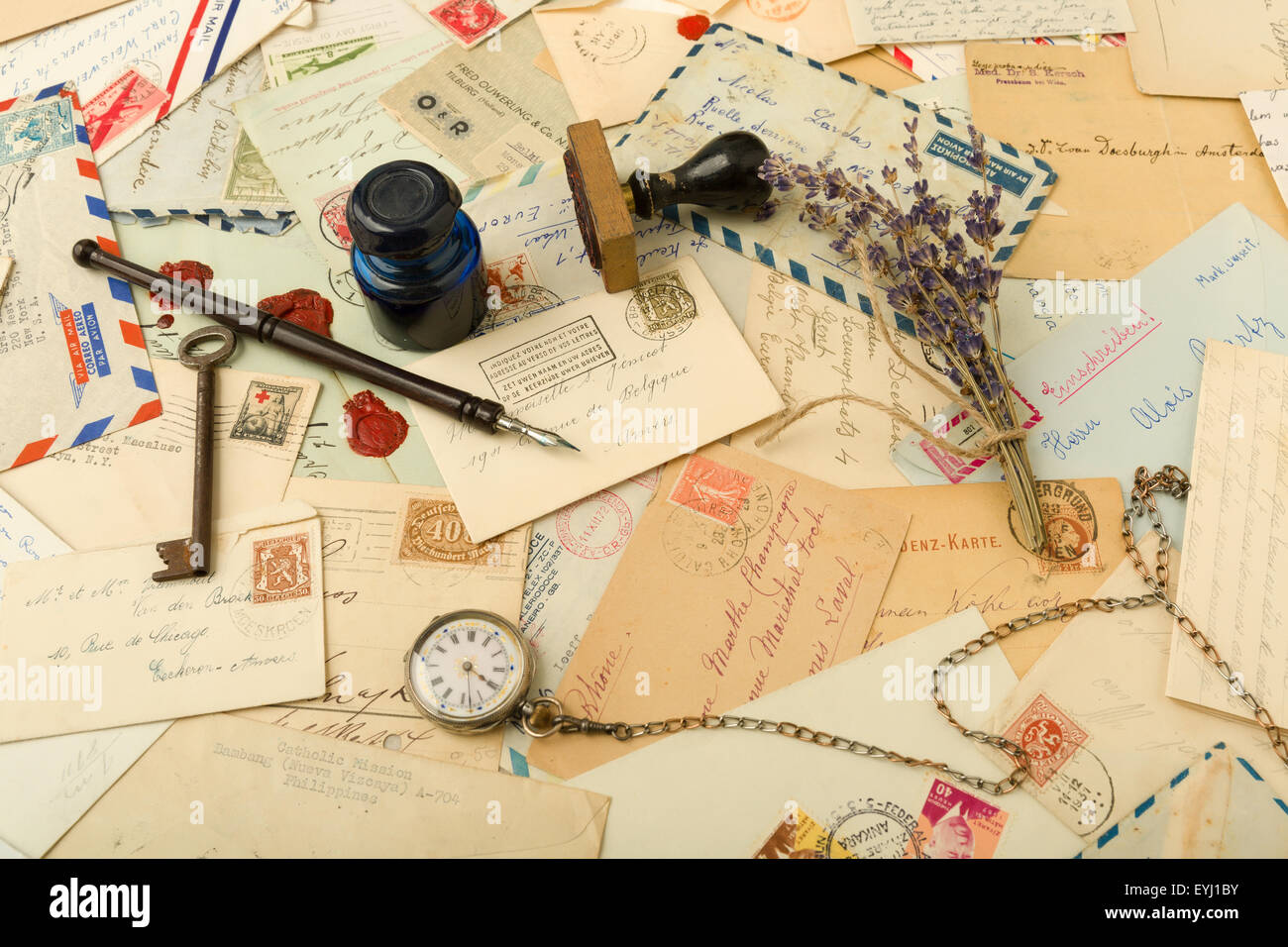 Full page image of old letters and nostalgic objects Stock Photo - Alamy