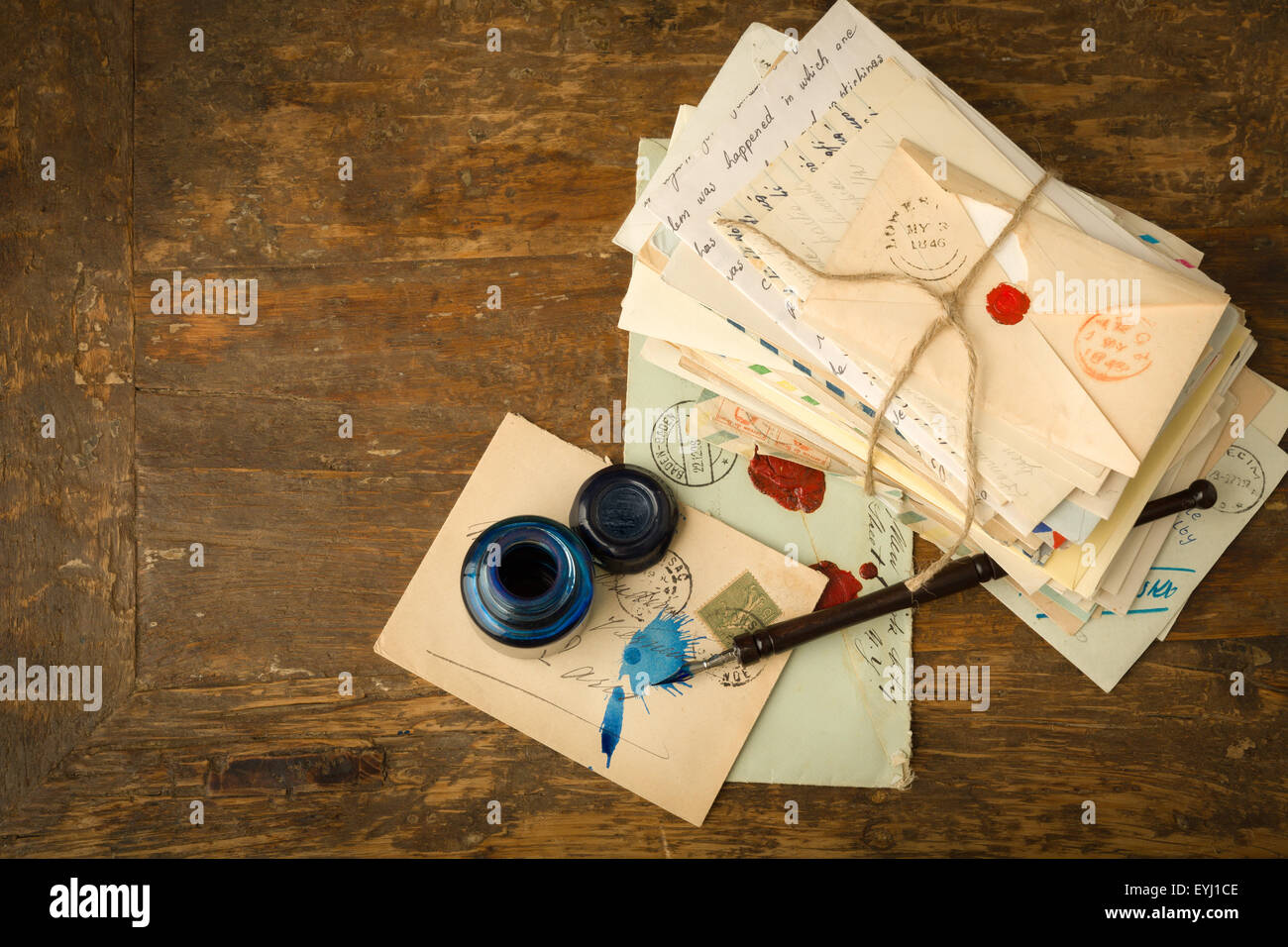 Vintage ink well and fountain pen on a table with old letters Stock ...