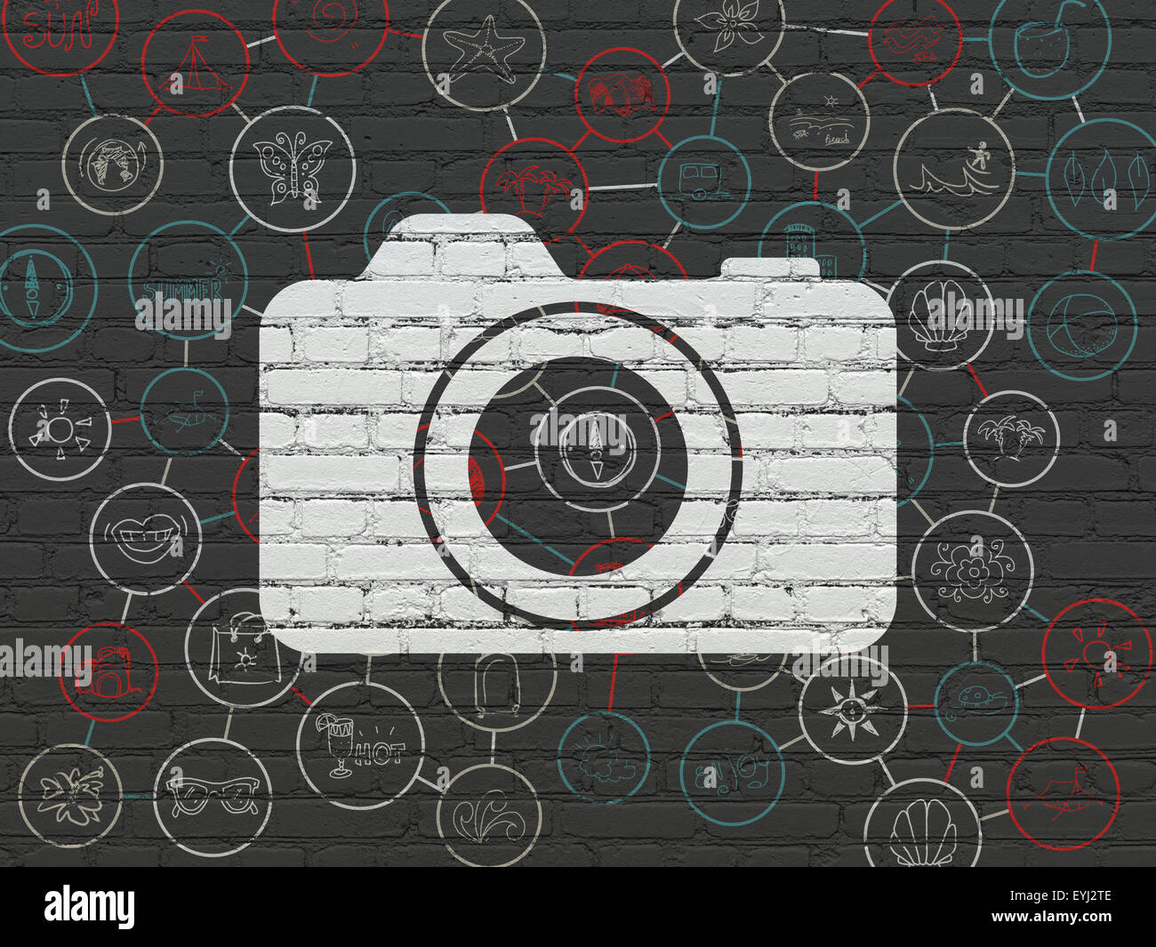 Vacation concept: Photo Camera on wall background Stock Photo - Alamy