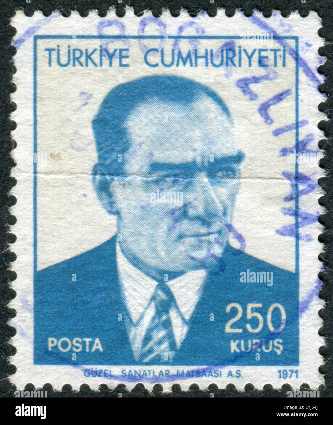 Postage stamp printed in Turkey, depicted the 1st President of Turkey ...
