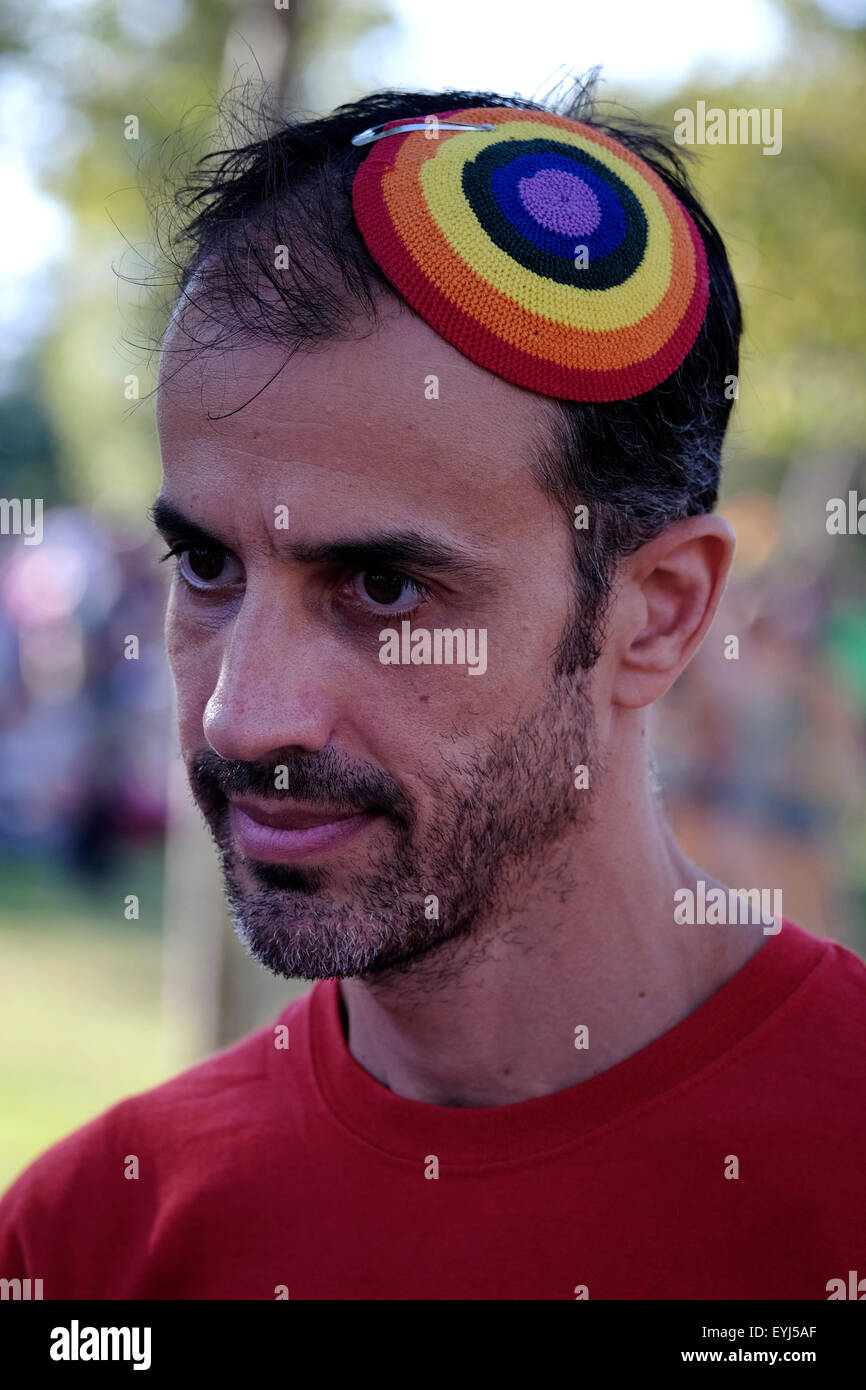A Jewish Pride participant wears a rainbow yarmulke during the annual ...