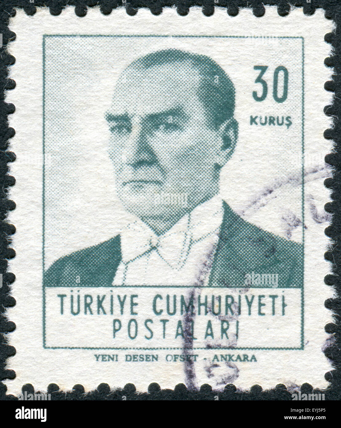 Postage stamp printed in Turkey, depicted the 1st President of Turkey ...