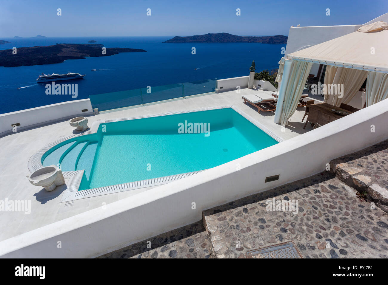 Santorini stairs swimming pool at street, Greek Islands, Cyclades ...
