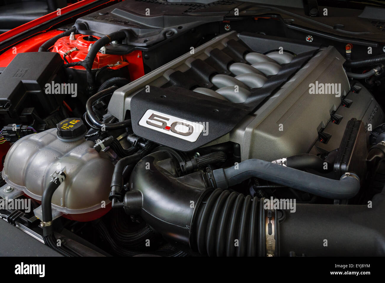 BERLIN - JUNE 14, 2015: Engine of a pony car Ford Mustang 50th ...