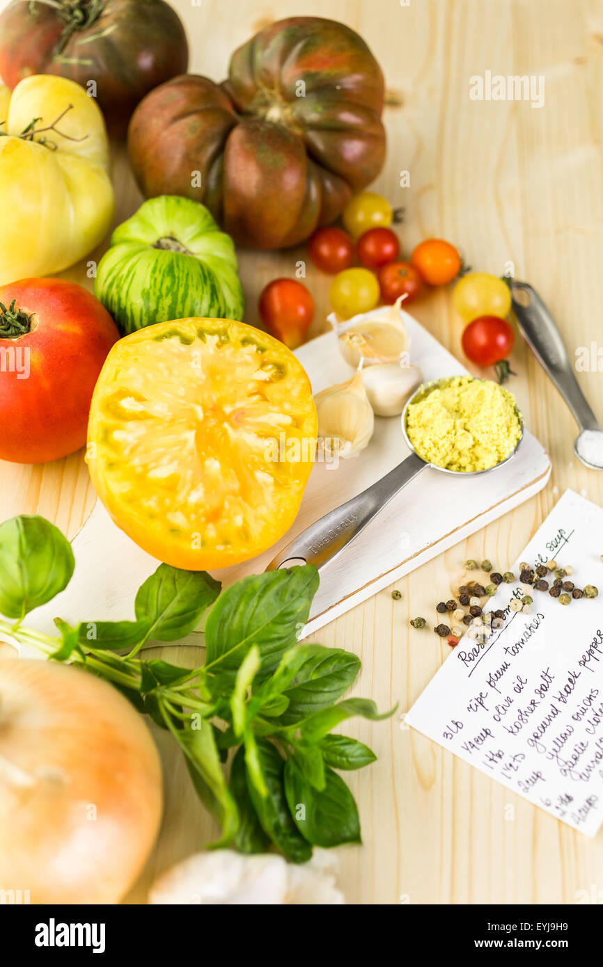 Ingredients to make roasted tomato soup with organic heirloom tomatoes ...