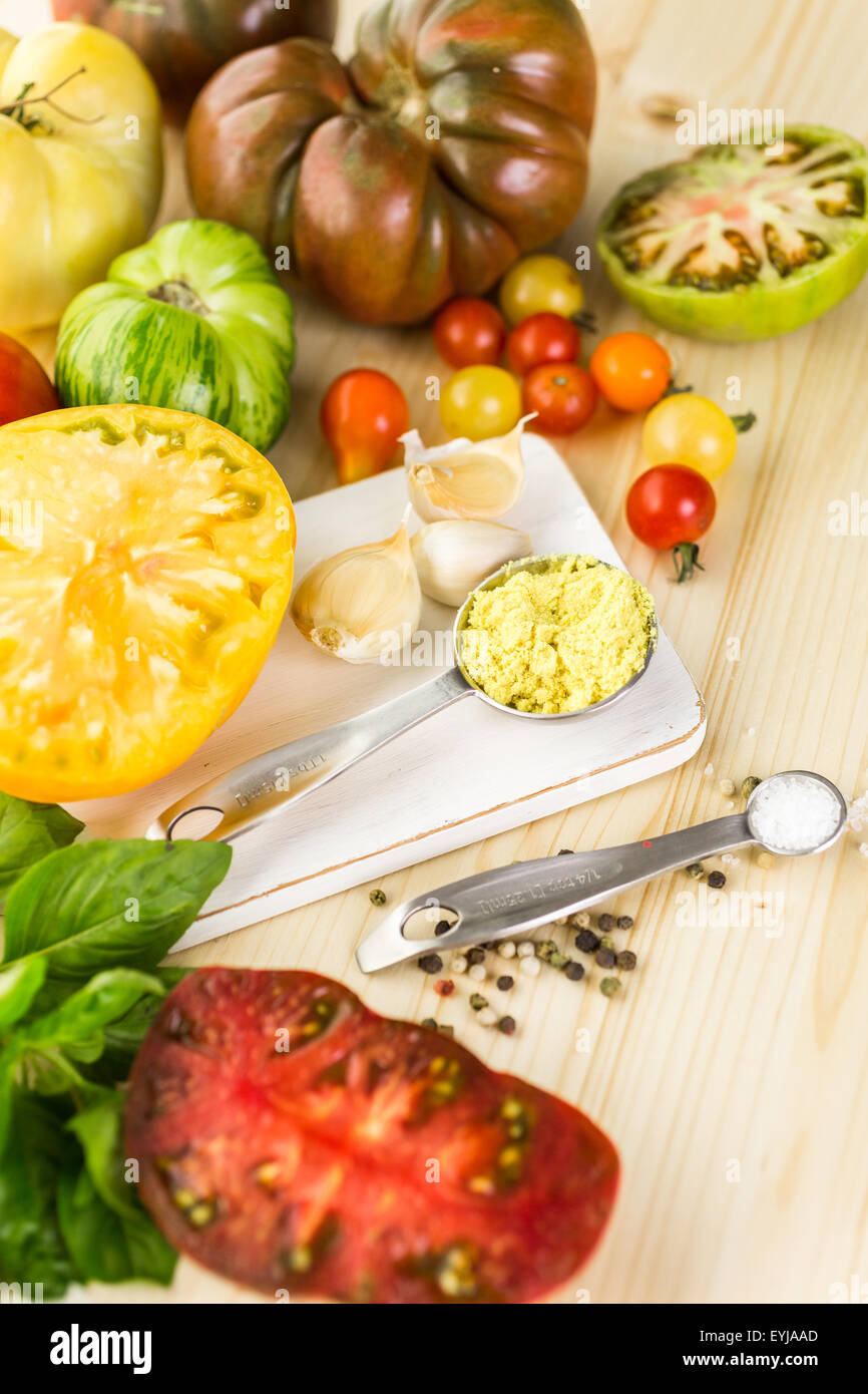 Ingredients to make roasted tomato soup with organic heirloom tomatoes ...