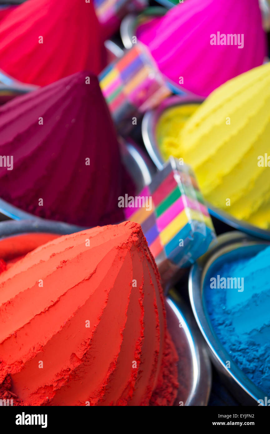 Colorful piles of Indian bindi powder dye at outdoor local Devaraja ...