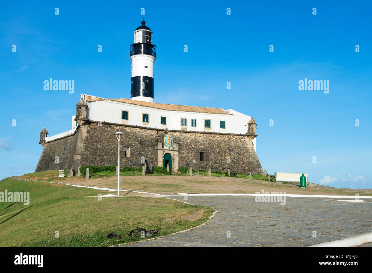 Portrait of the Farol da Barra Salvador Brazil lighthouse under clear ...