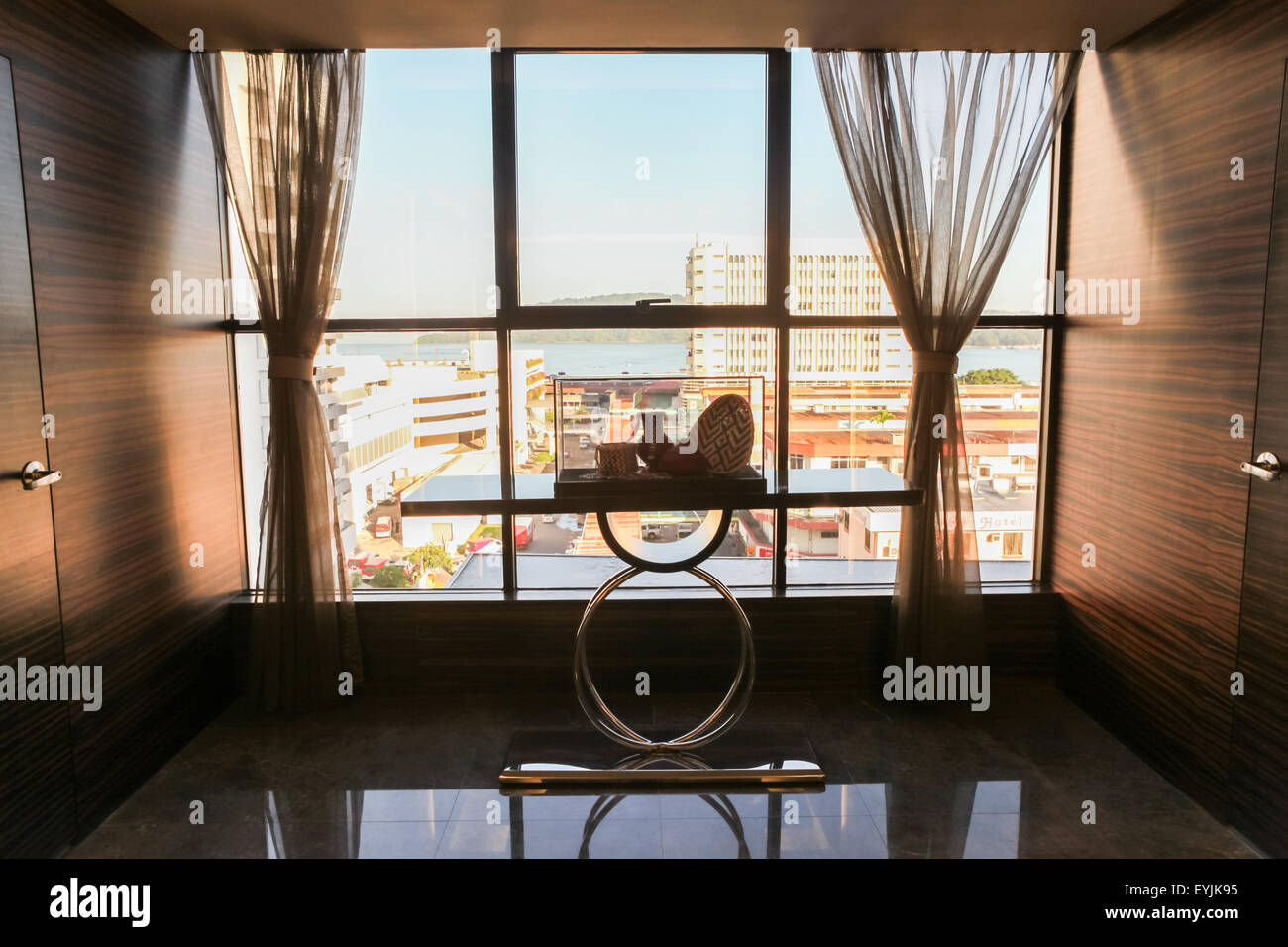 Hotel balcony window with city view Stock Photo - Alamy