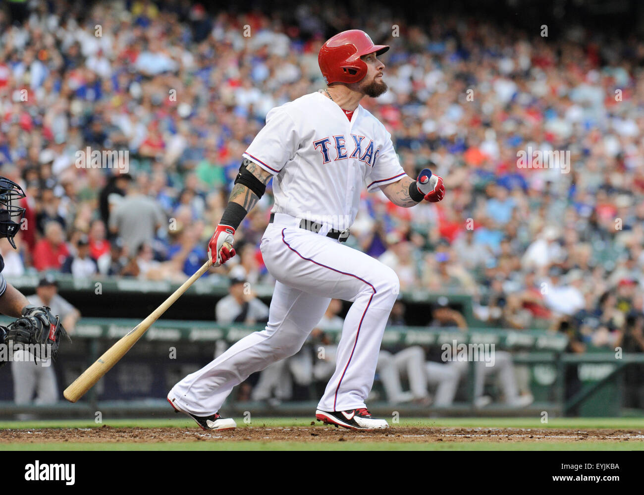 Arlington, Texas, USA. 30th July, 2015. Texas Rangers left fielder Josh ...