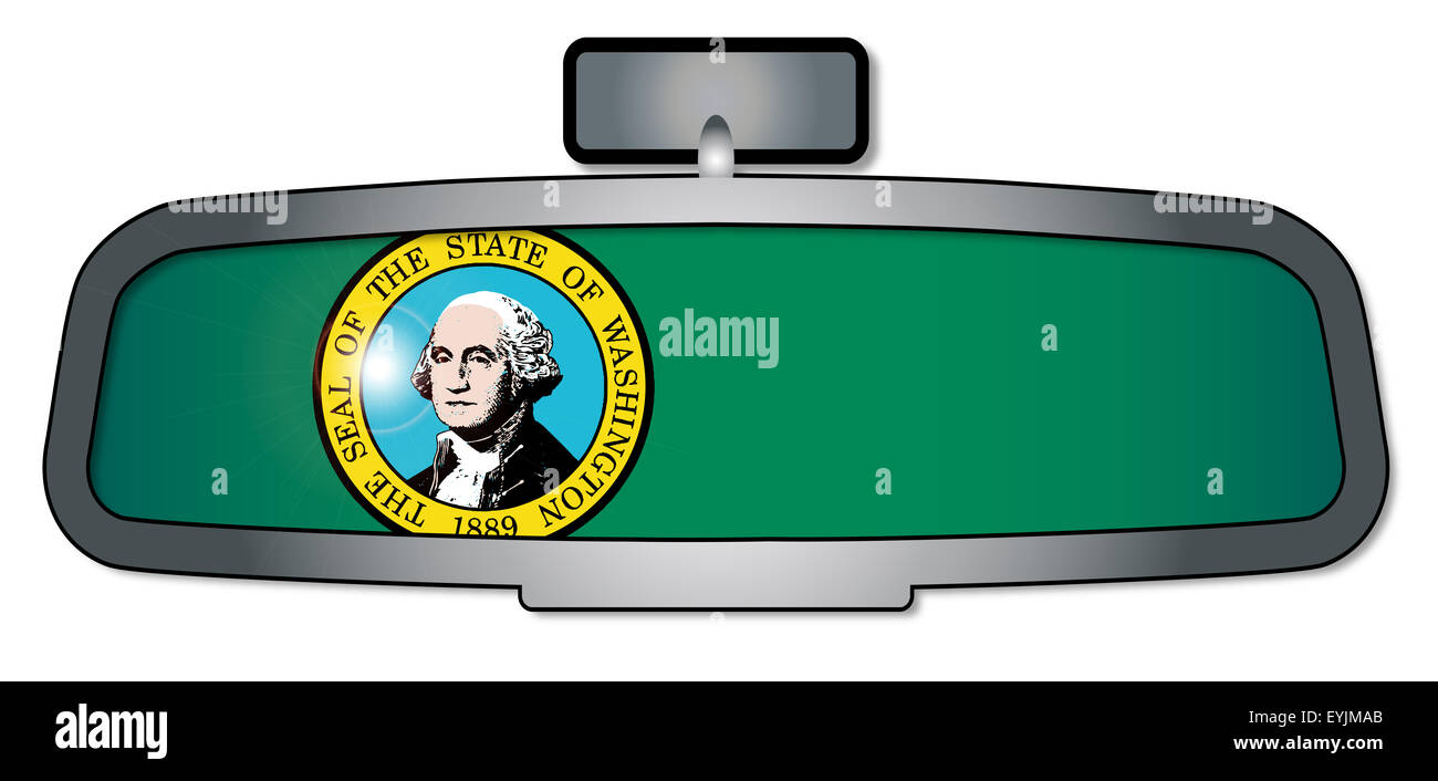 A vehicle rear view mirror with the flag of the state of Washington ...