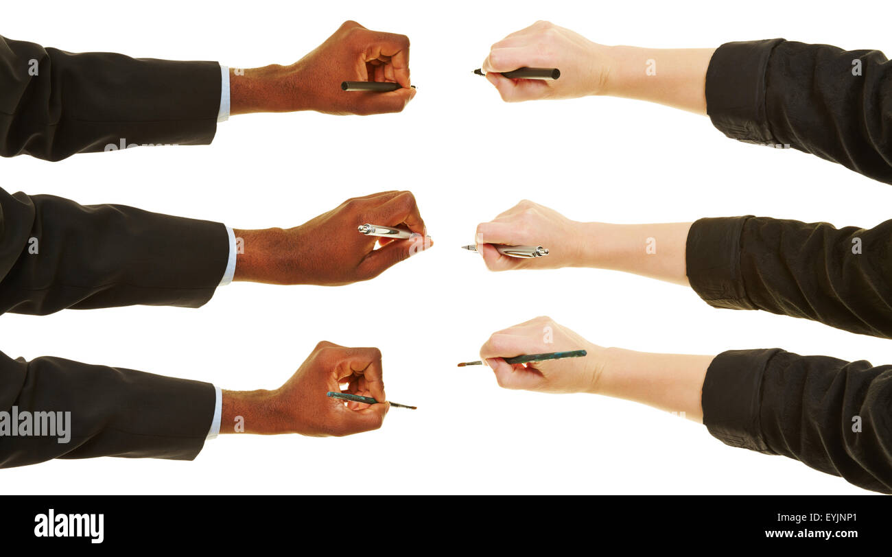 Many hands from above with marker and brush and ballpoint pen Stock ...