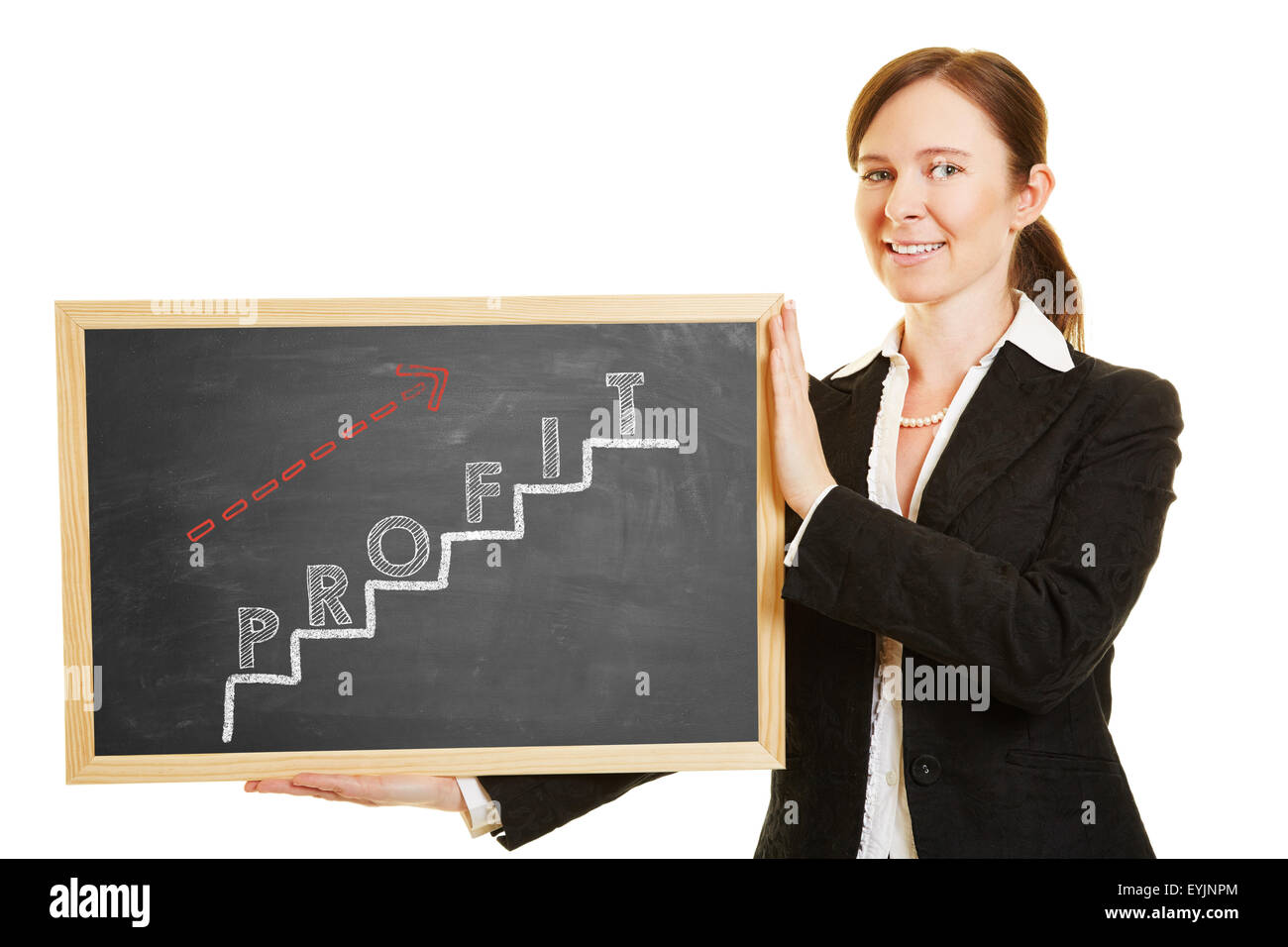Business woman showing profit concept drawn with chalk on a blackboard ...