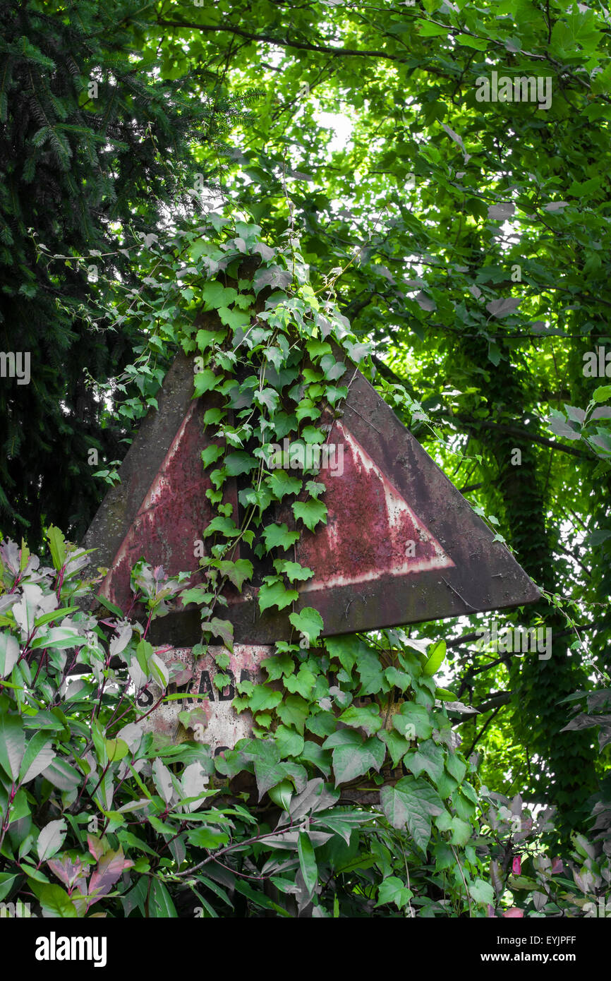 Road sign rusty and covered by the surrounding vegetation Stock Photo ...