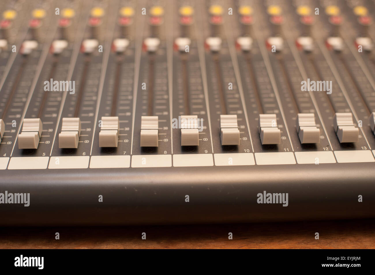 Music studio mixer detail of volume level in selective focus Stock ...