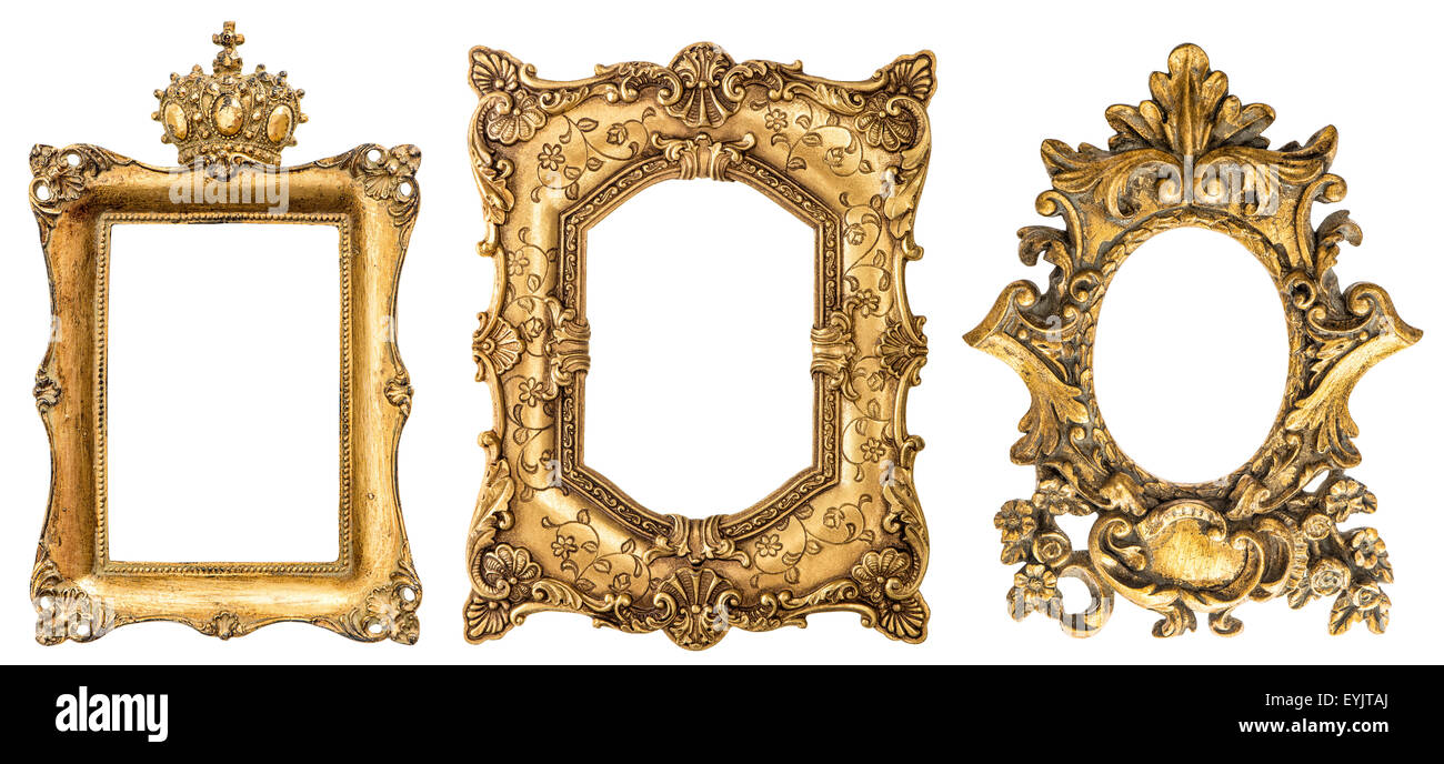 Baroque style golden picture frame isolated on white background ...