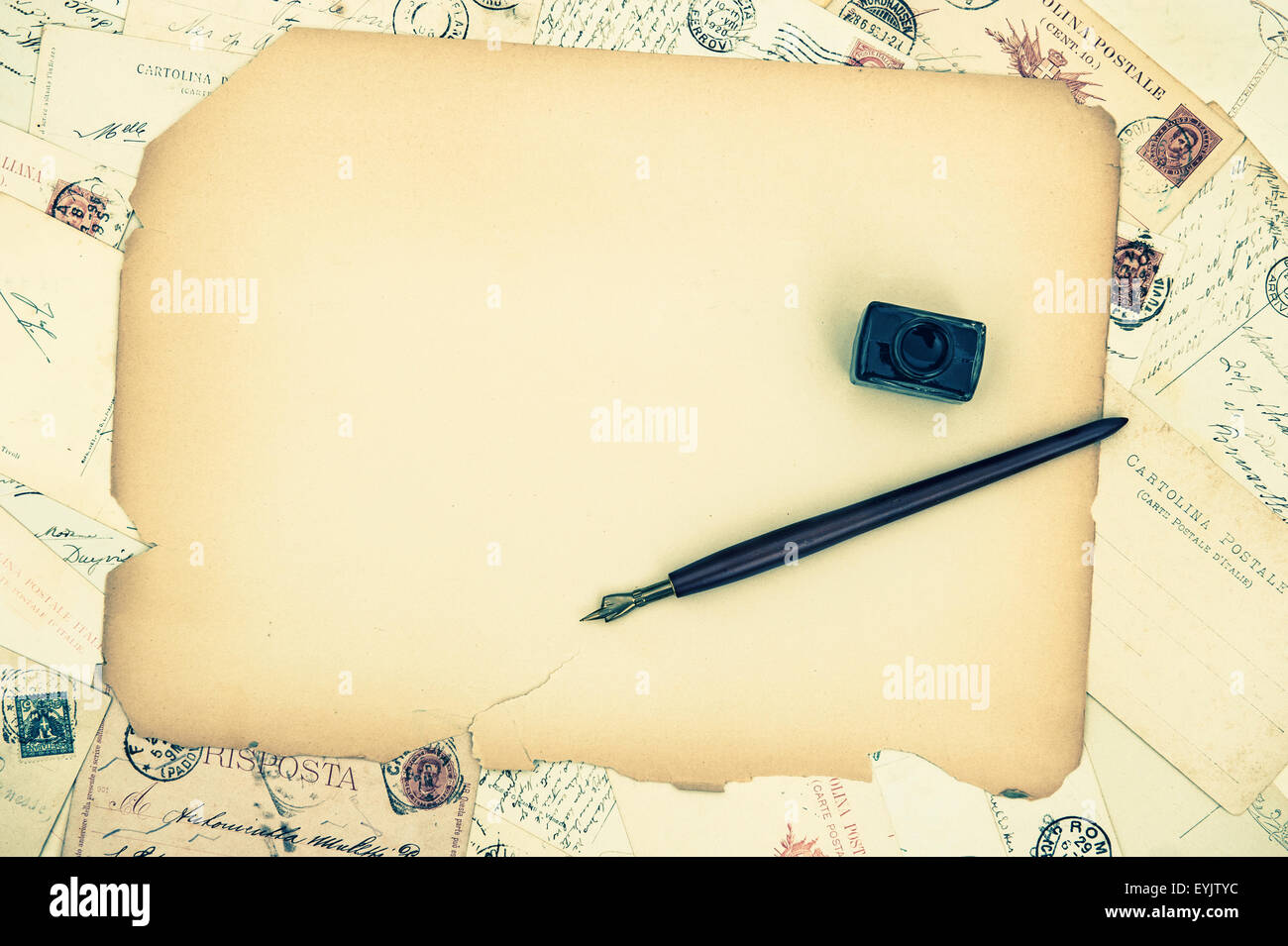 Grungy paper sheet, ink pen, old letters and postcards. Vintage texture ...