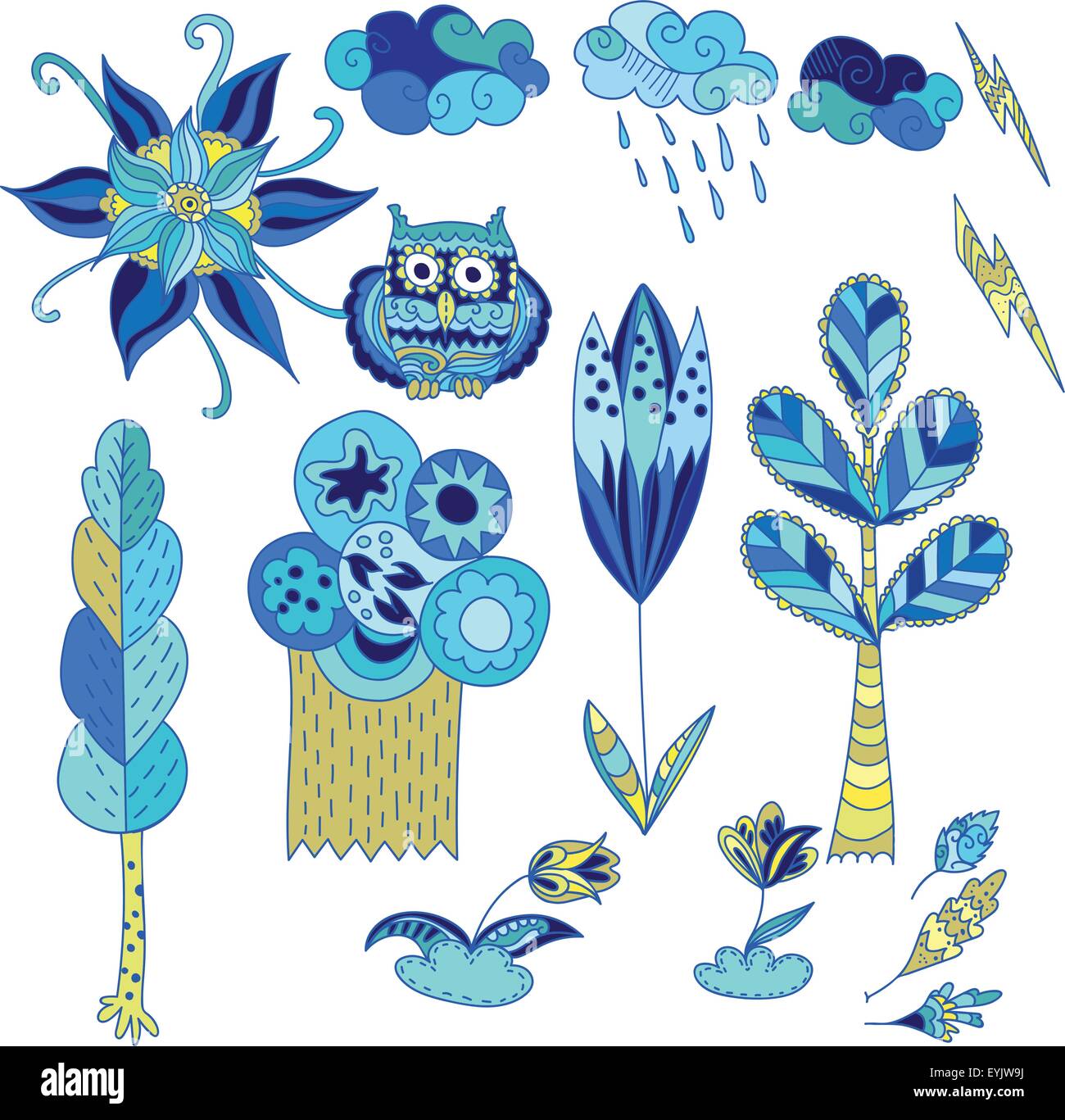 Sketch kid style forest symbols - trees, owl, flowers and weather icons ...