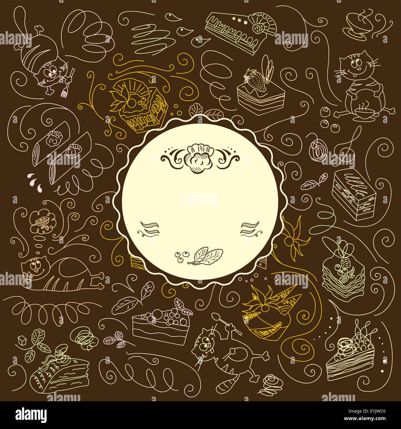 Vintage menu background with hand-painted animals and cakes Stock ...