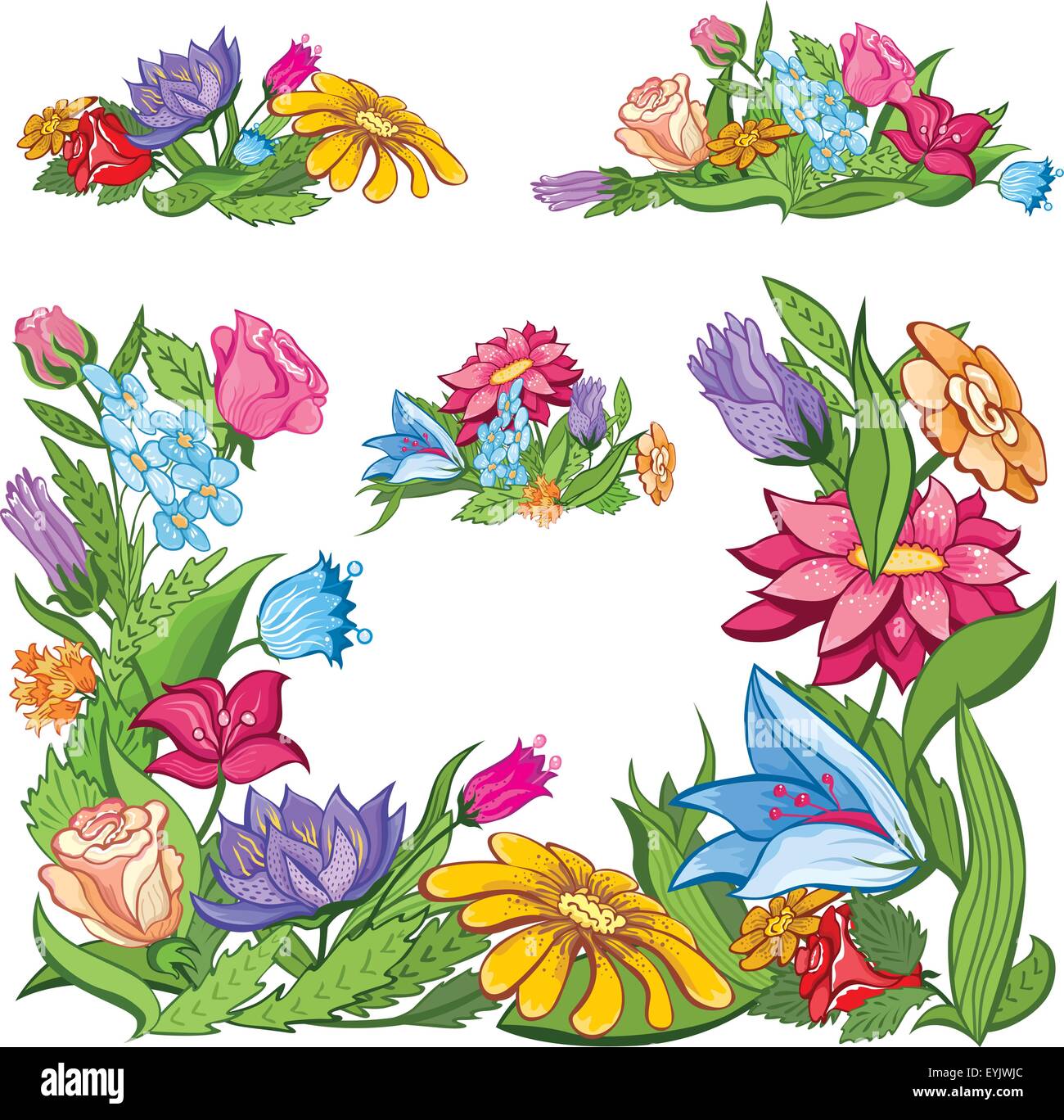Colorful floral vignette with flowers and leaves for design Stock ...