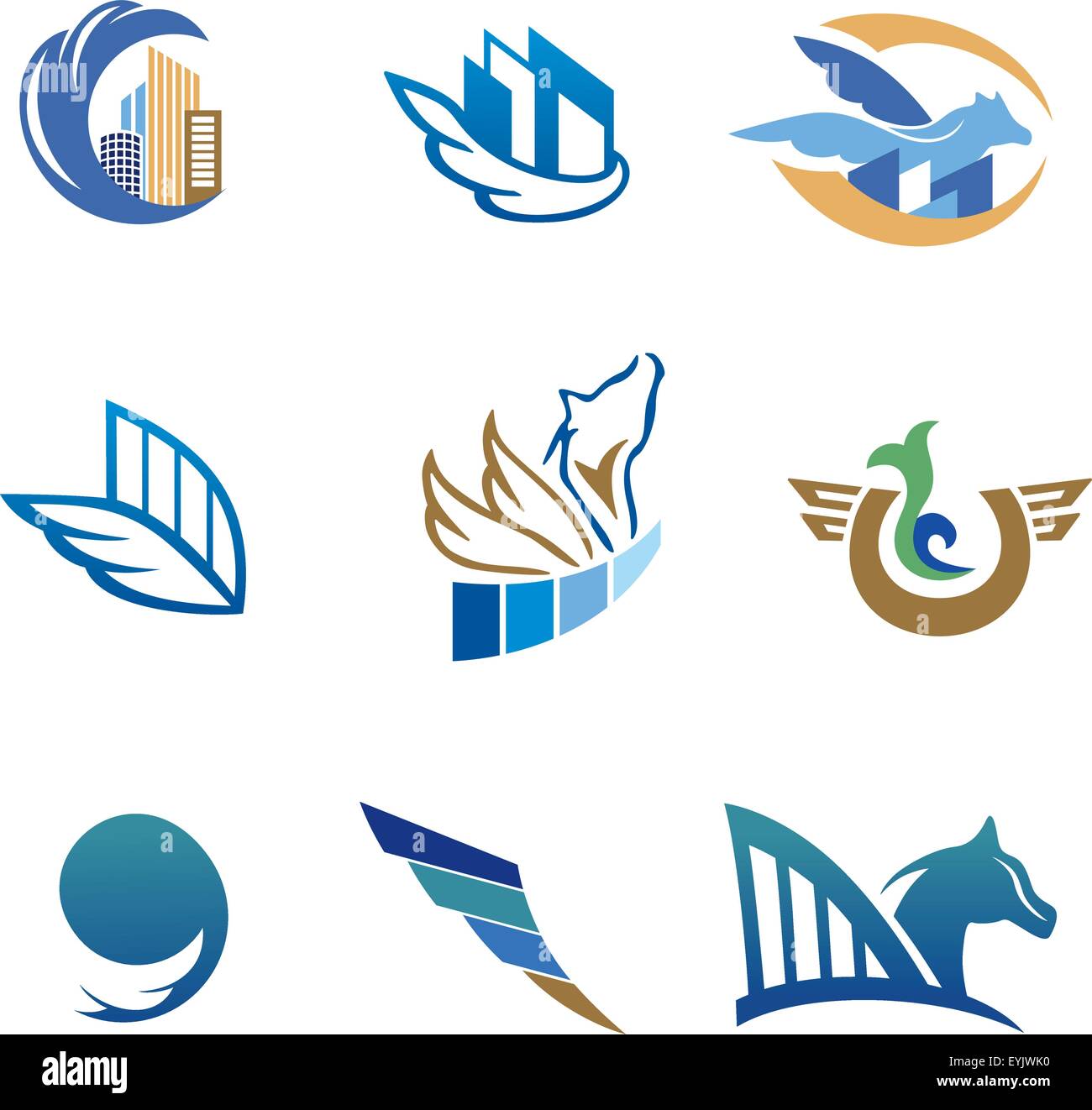 Real estate, travel identity with pegasus and buildings for design ...