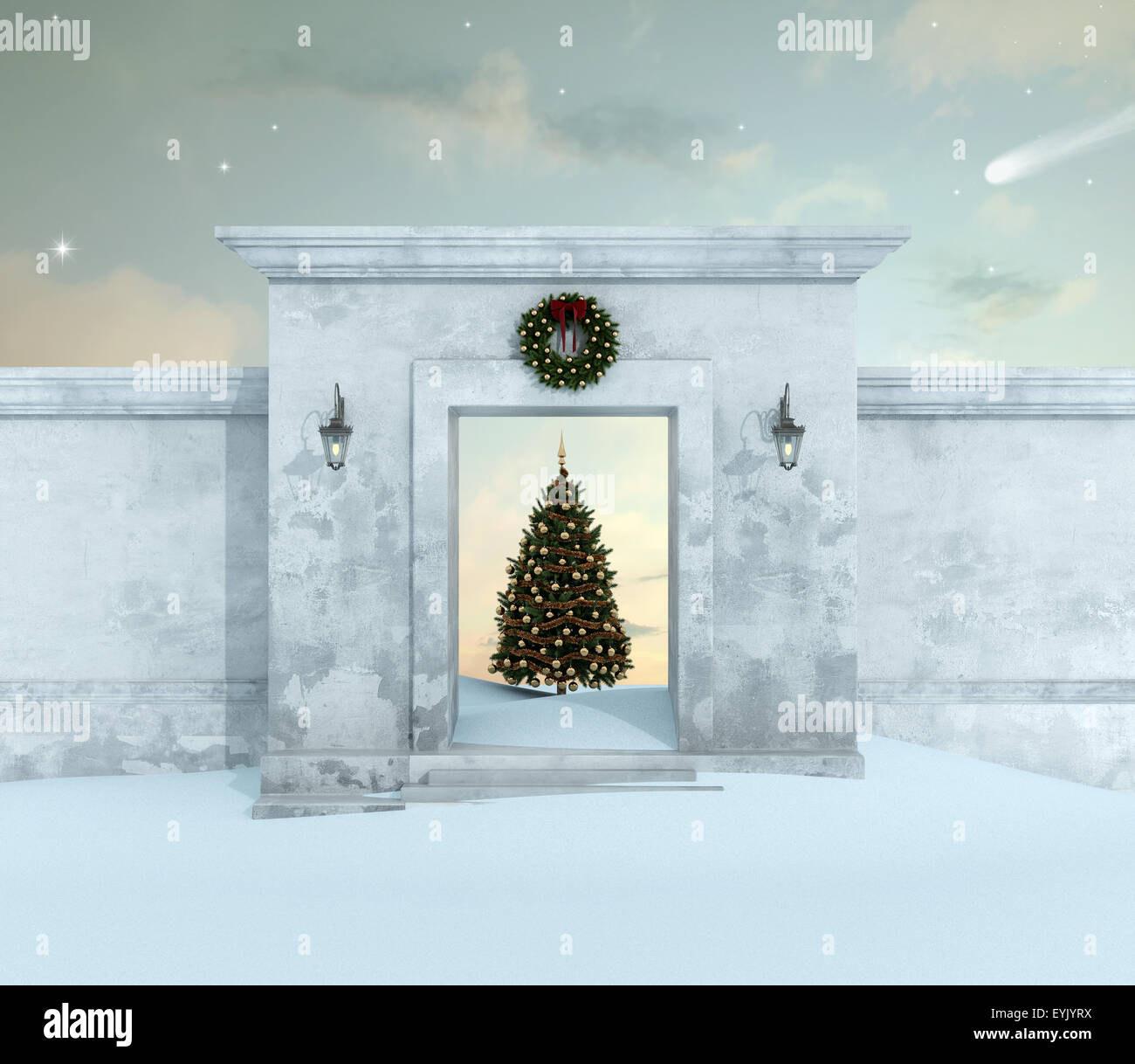 Old wall fence with stone portal without gate on blue sky Stock Photo ...