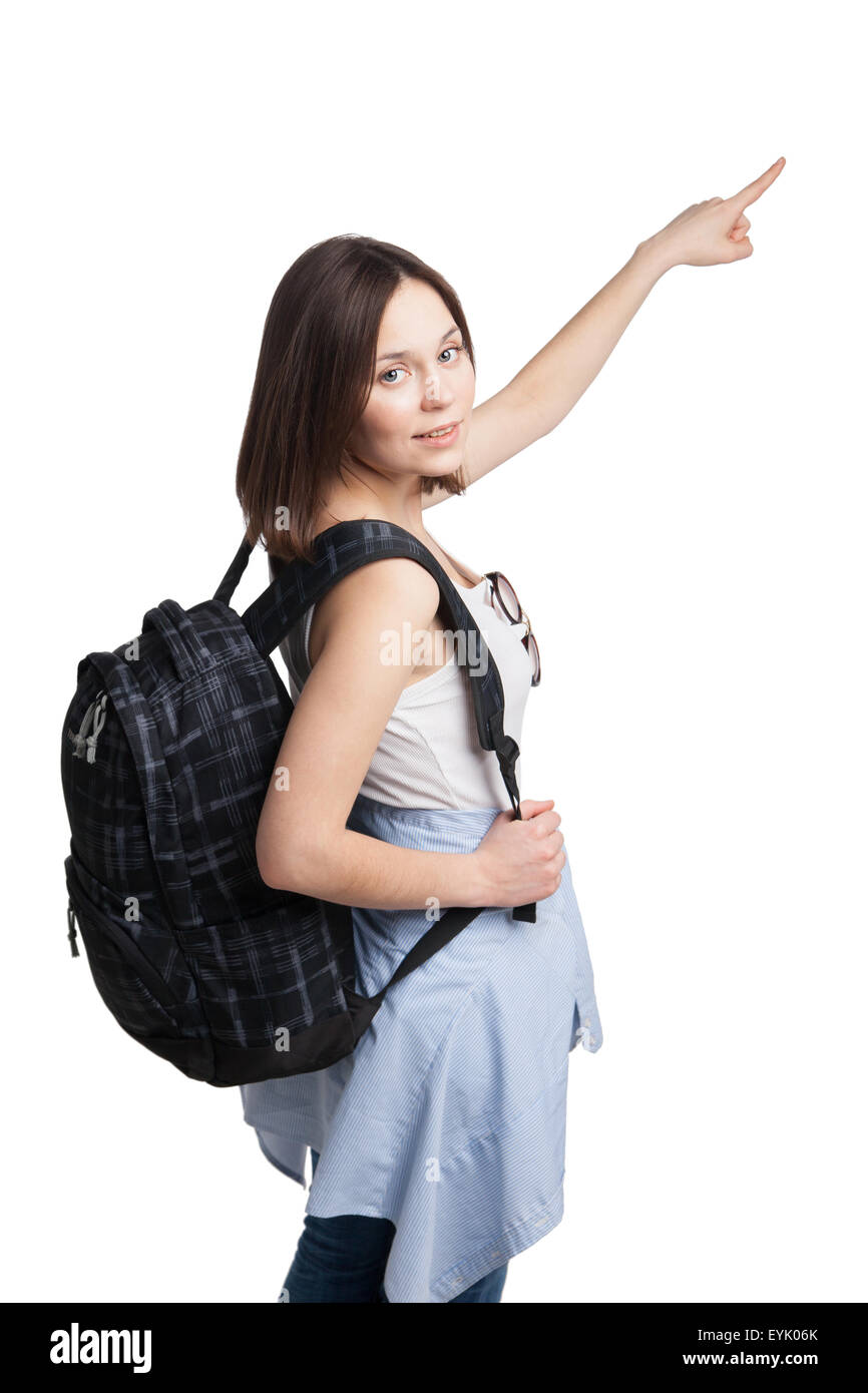 Young woman tourist with backpack finger pointing up Stock Photo - Alamy
