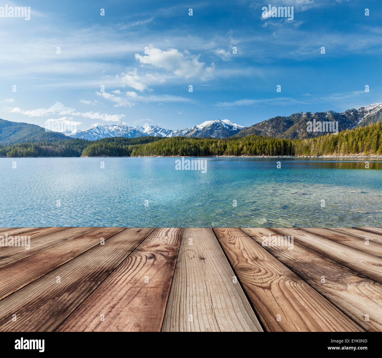 Wooden planks European nature background with lake in Alps, Germany ...