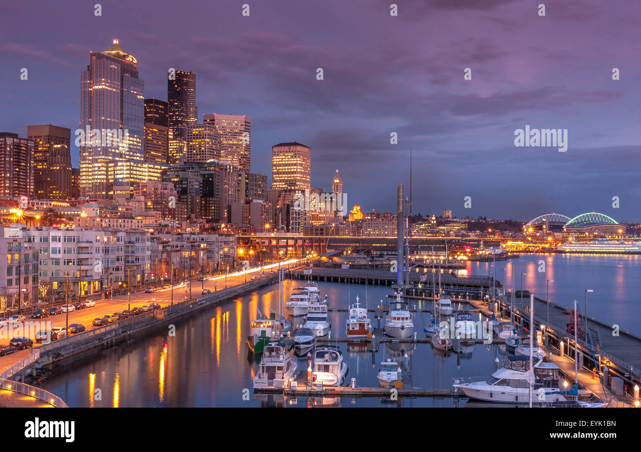 Seattle Waterfront in the early evening with the Marina in the ...