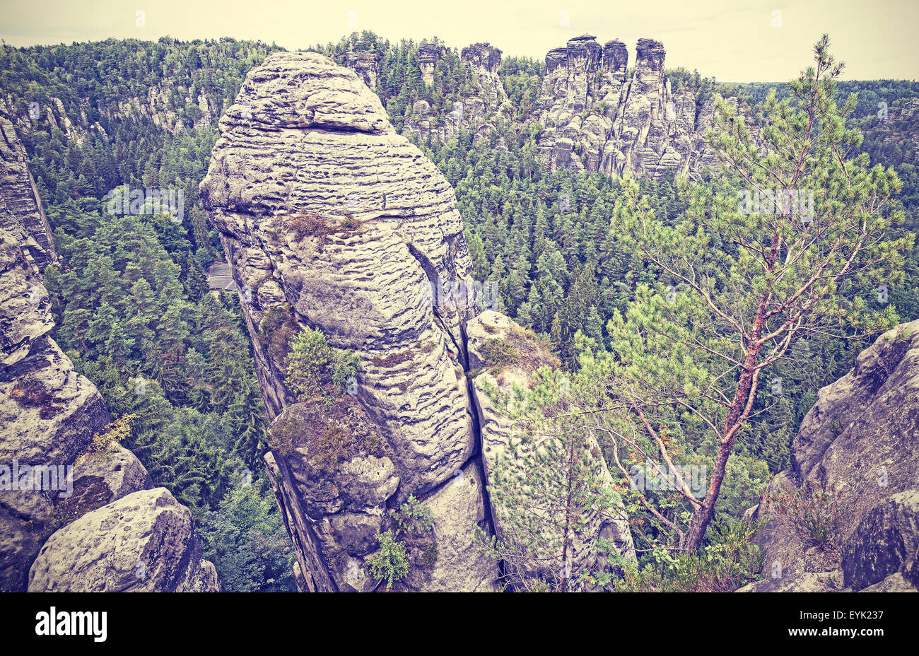 Vintage style rock formation in Bastei, Saxon Switzerland, Germany ...