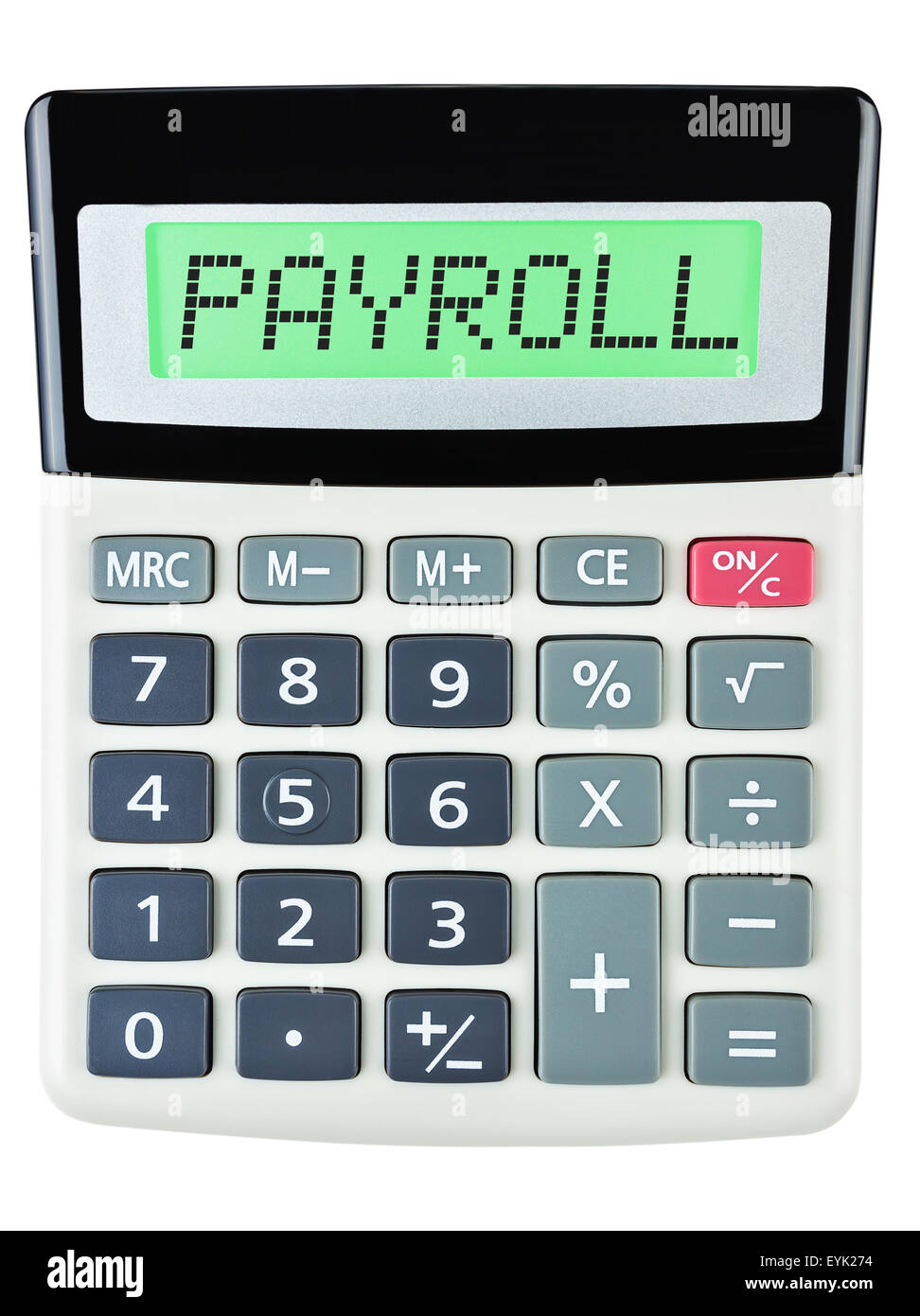 Calculator with PAYROLL on display on white background Stock Photo - Alamy