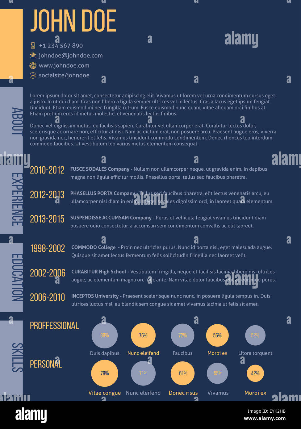 Simplistic curriculum vitae cv resume template design in dark blue ...