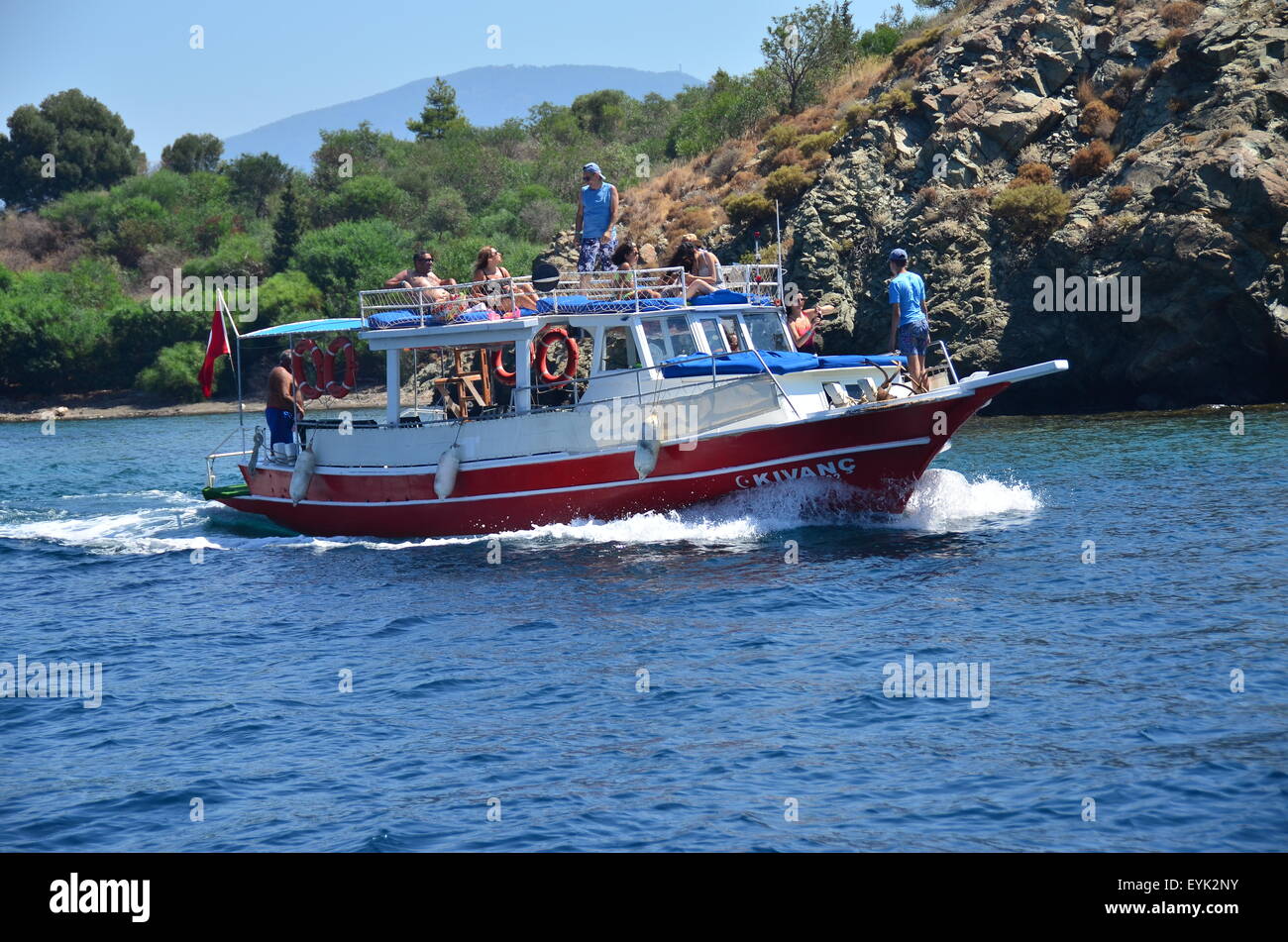 Tourists take trips on Gulet-boats in the sea off the coast of Marmaris ...