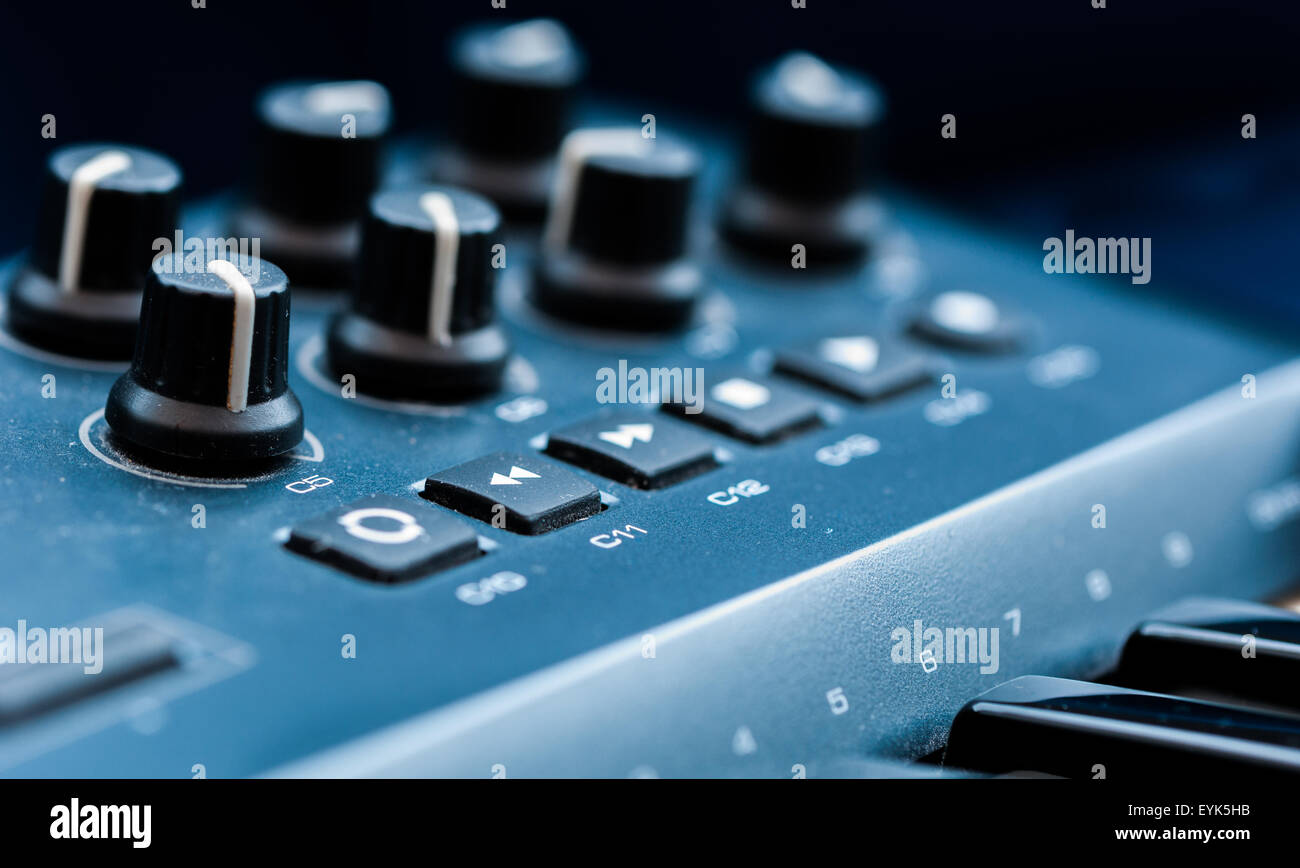 Synthesizer patch panel Close-up button knob on touch panel Stock Photo ...