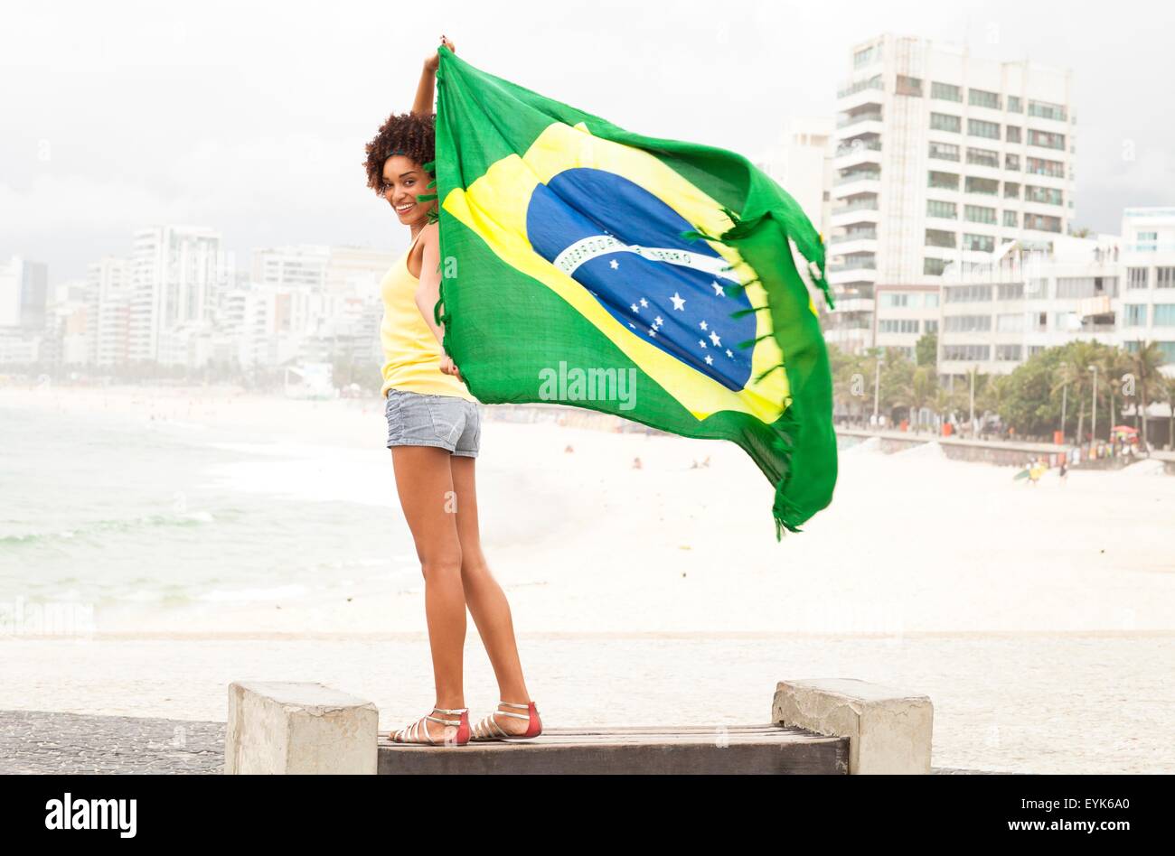 Portrait of young woman holding up Brazilian flag on park bench, Ipanema beach, Rio De Janeiro ...