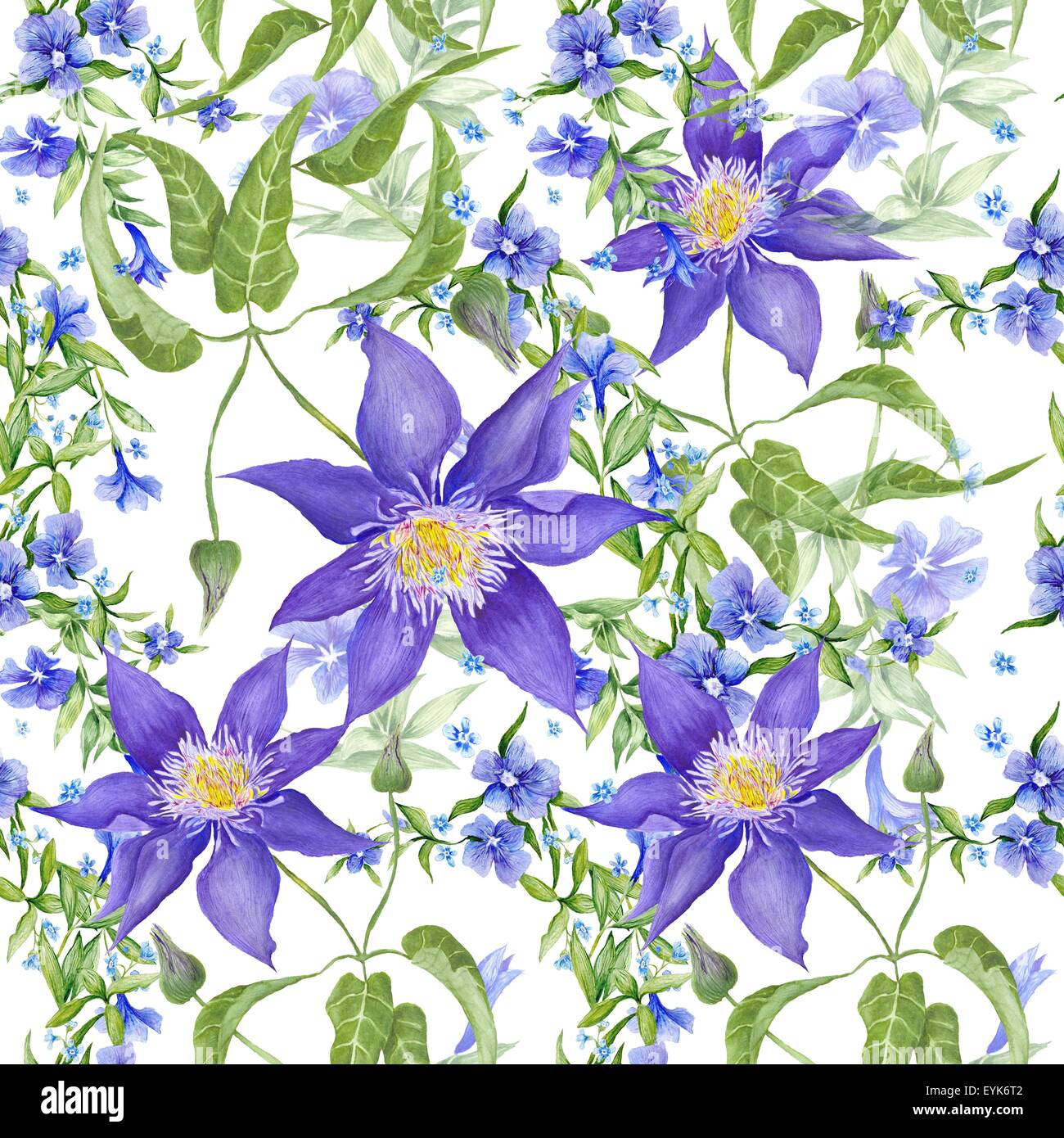 Watercolor seamless texture with garden flowers - periwinkle and ...