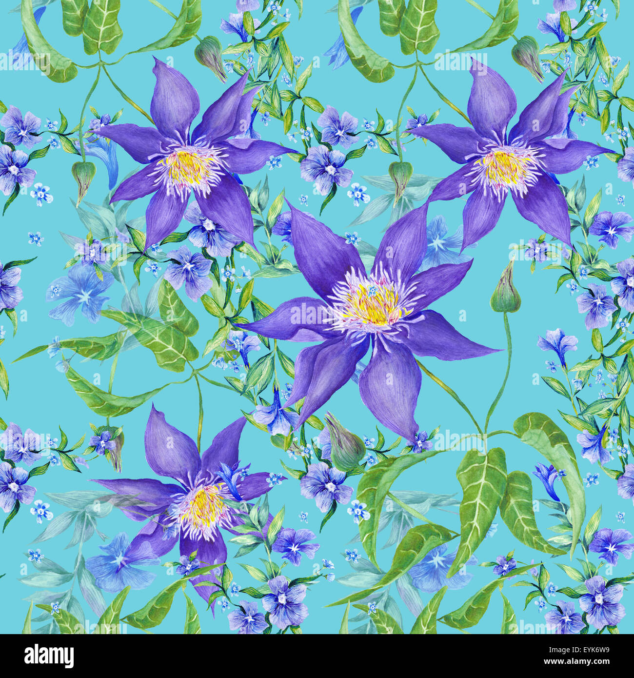 Seamless watercolor country pattern with purple and blue clematis and ...