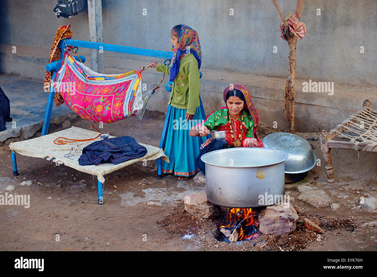 India, Gujarat, Kutch, Padhar village, Ahir ethnic group, outside ...
