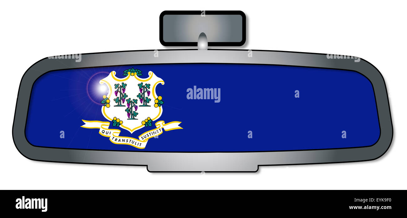A vehicle rear view mirror with the flag of the state of Connecticut ...