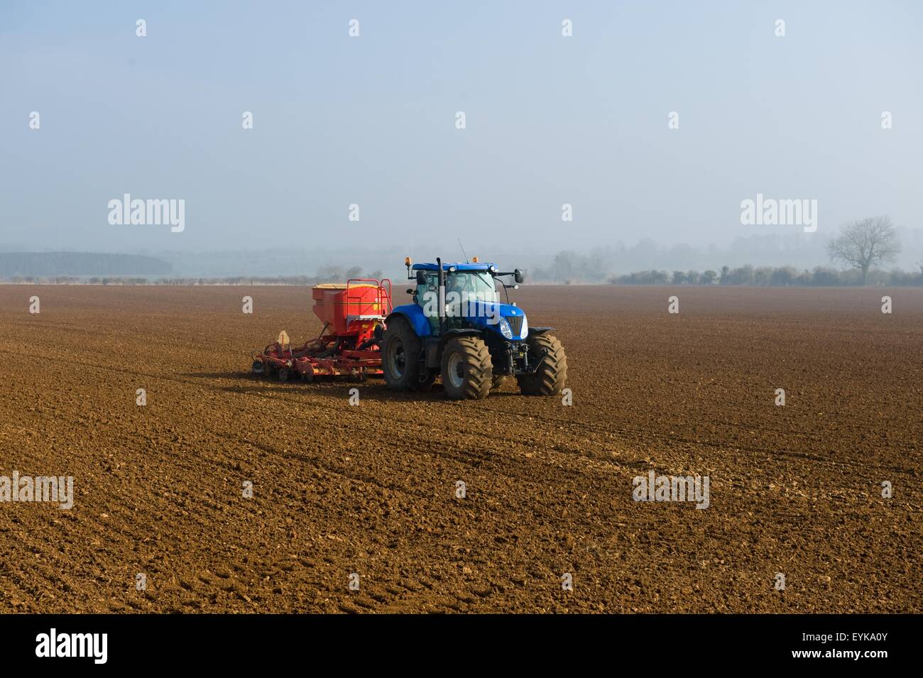 Tractor drilling seed in ploughed field on misty morning Stock Photo ...