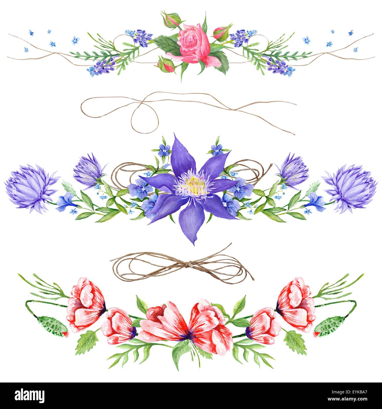 Set of vintage floral ornaments and ropes isolated on white background ...