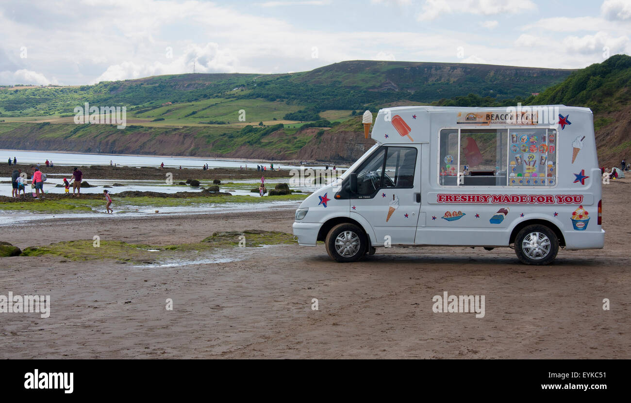 Ice cream van on the beach at Robin Hoods Bay, near Whitby North ...