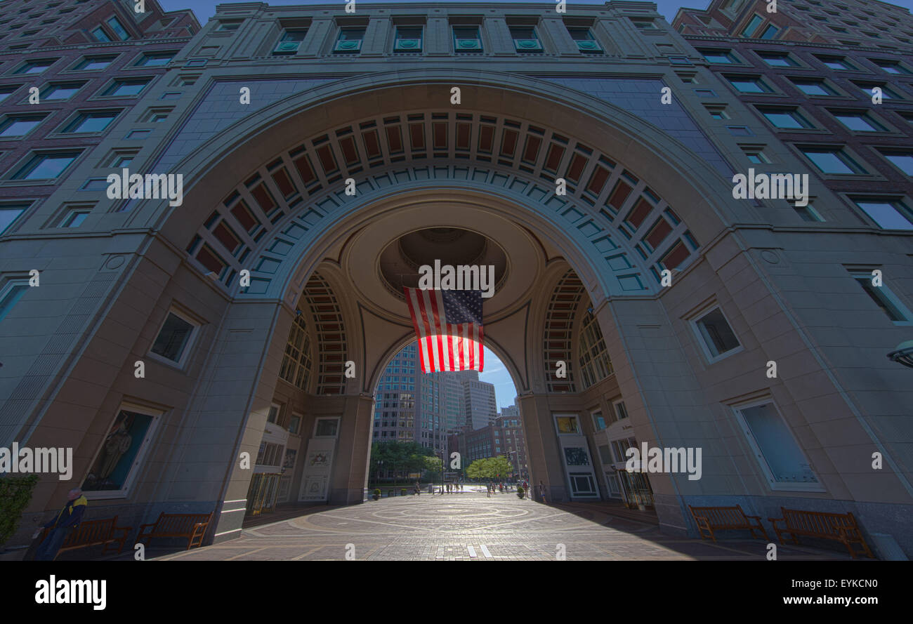 The famous arch and flag at the Boston Harbor Hotel on Rowes Wharf ...