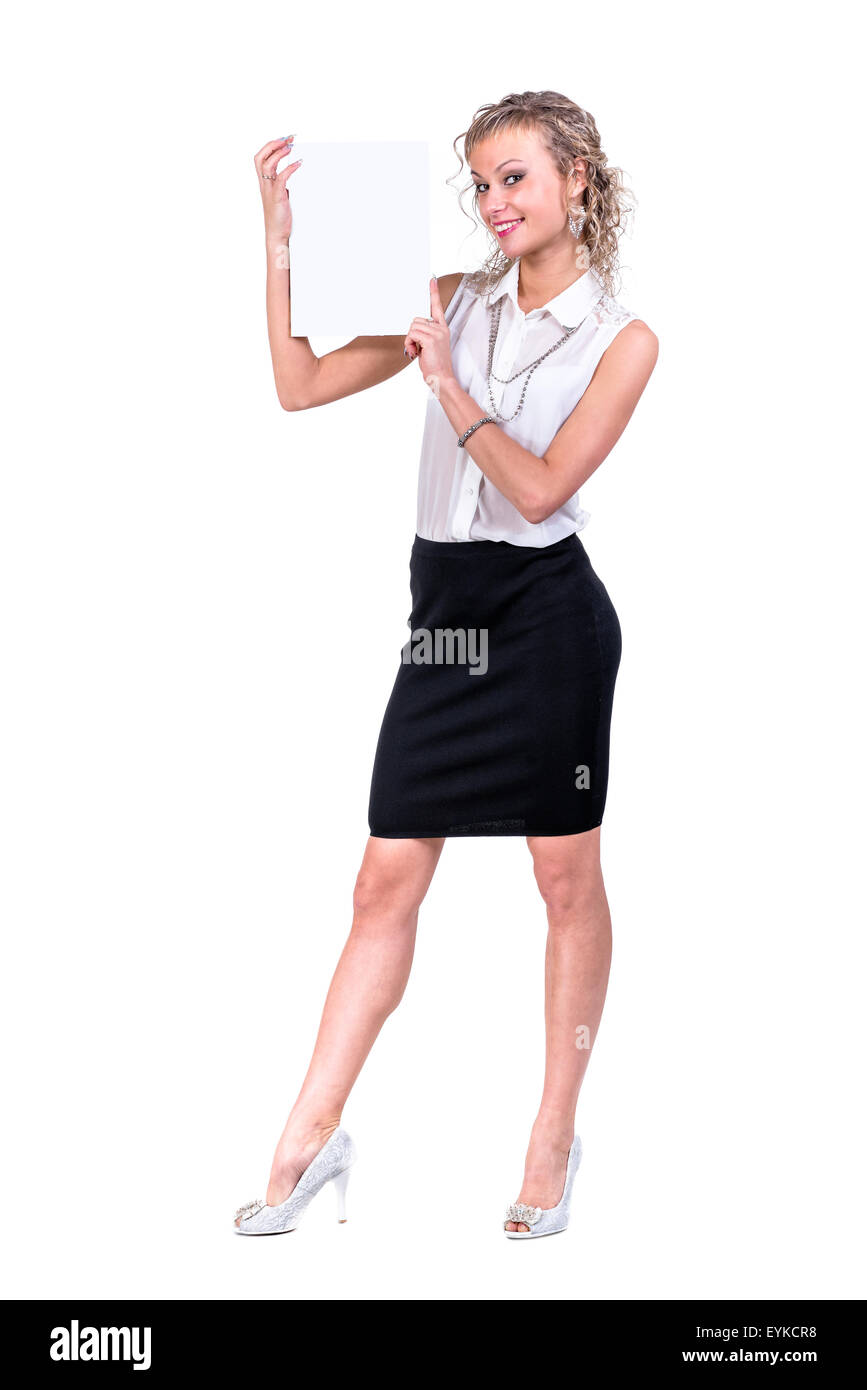 Attractive business woman hold empty blank board, full length portrait ... Attractive business woman hold empty blank board, full length portrait ...