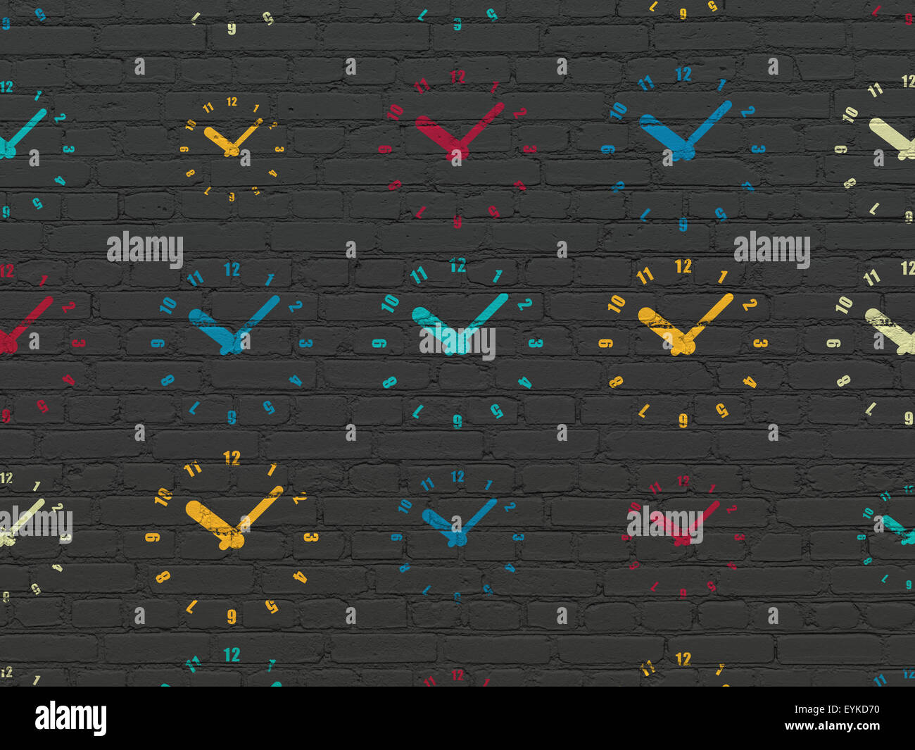 Timeline concept: Clock icons on wall background Stock Photo - Alamy